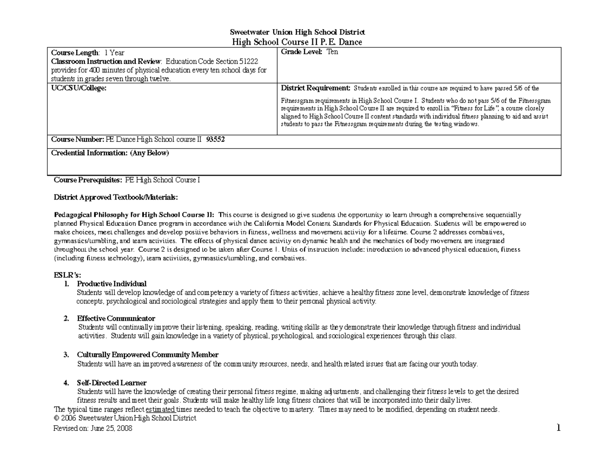 HS Course II PE Dance - Sweetwater Union High School District High ...