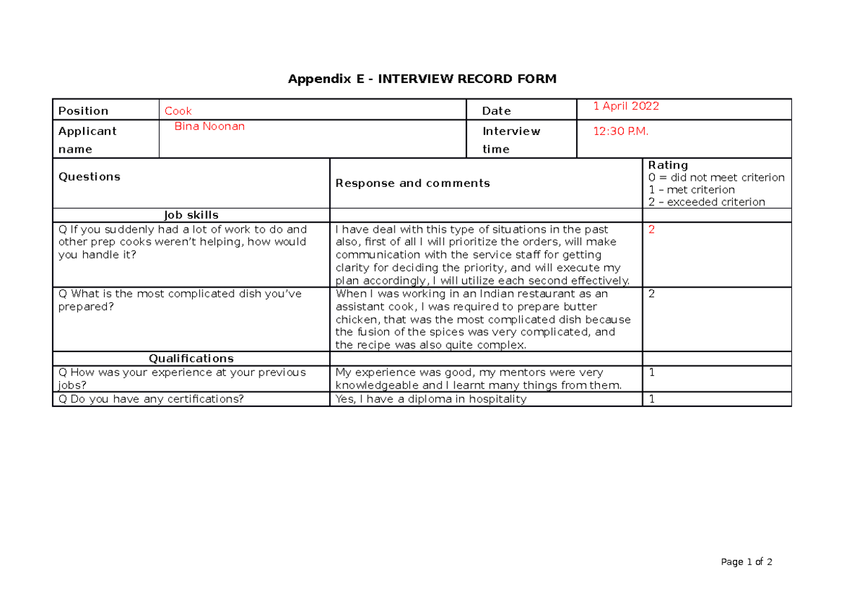 Sitxhrm 004 Appendix E Interview Record Form - Bina Noonan - Appendix E ...