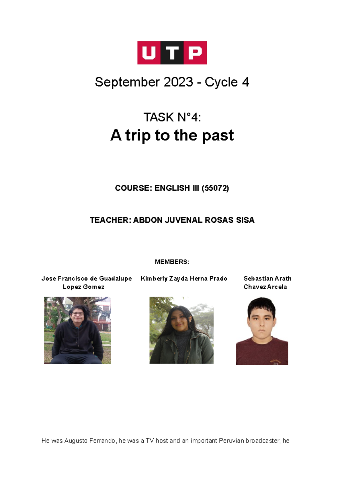 TASK 4 - Ingles - September 2023 - Cycle 4 TASK N°4: A trip to the past COURSE: ENGLISH III ...