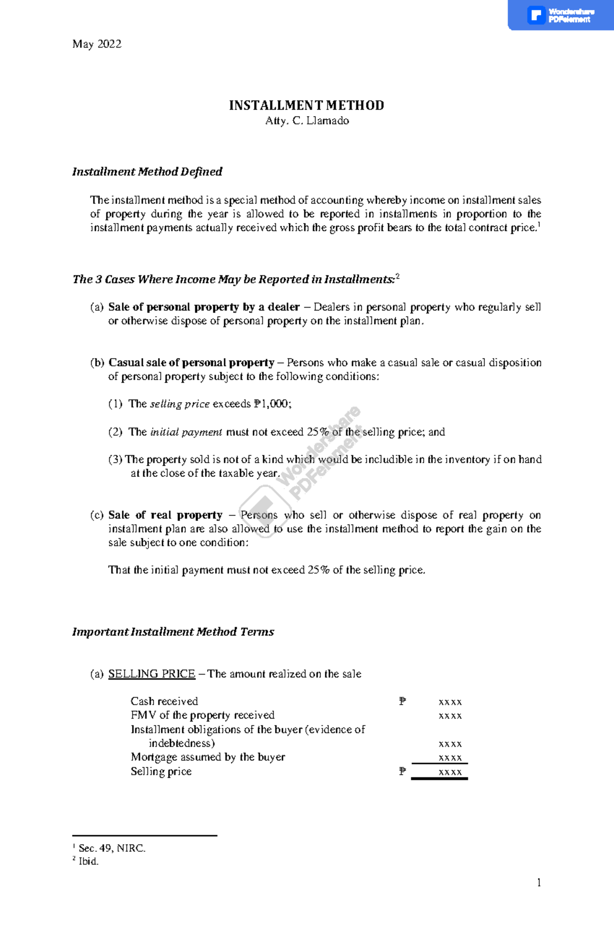 Installment-Method - notes - May 2022 1 INSTALLMENT METHOD Atty. C ...