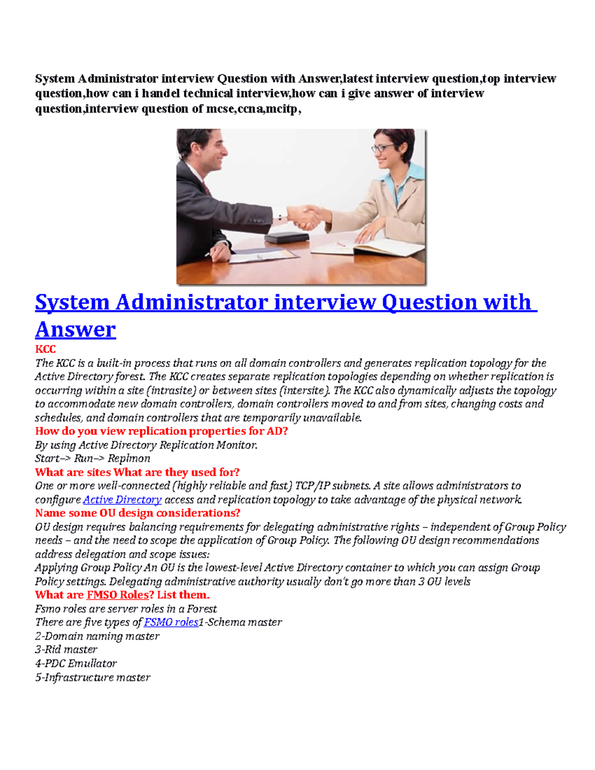 System Administrator interview Question with Answer - The KCC creates ...