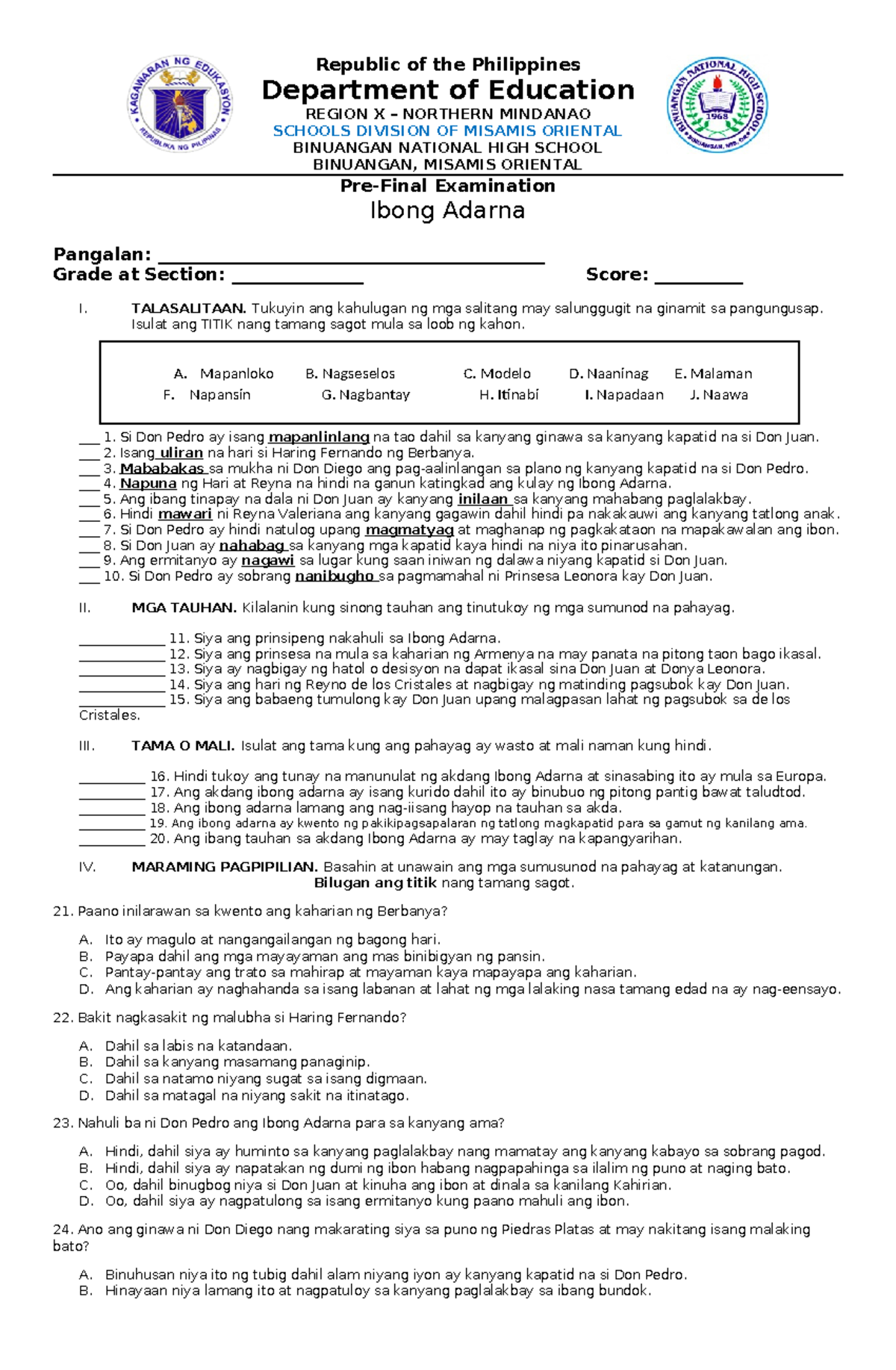 538561877 4th Grading Exam Ibong Adarna - Republic of the Philippines ...