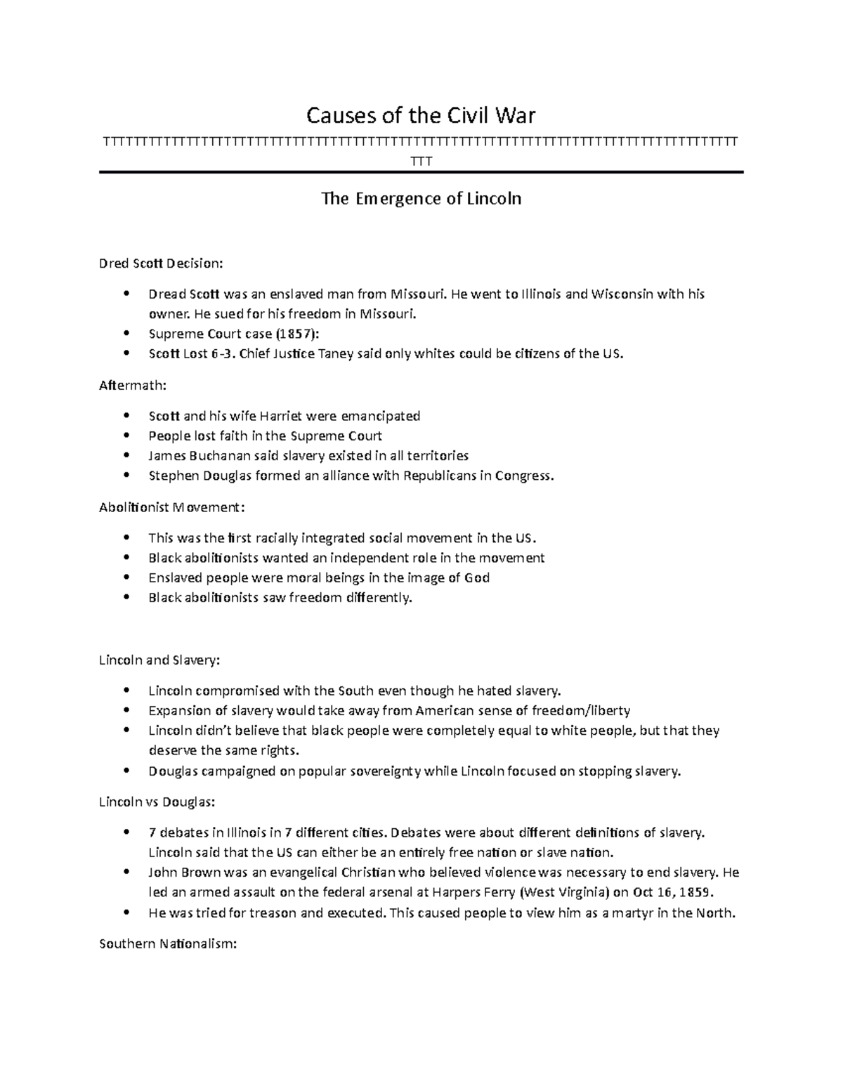 Causes of the Civil War - Causes of the Civil War - Studocu