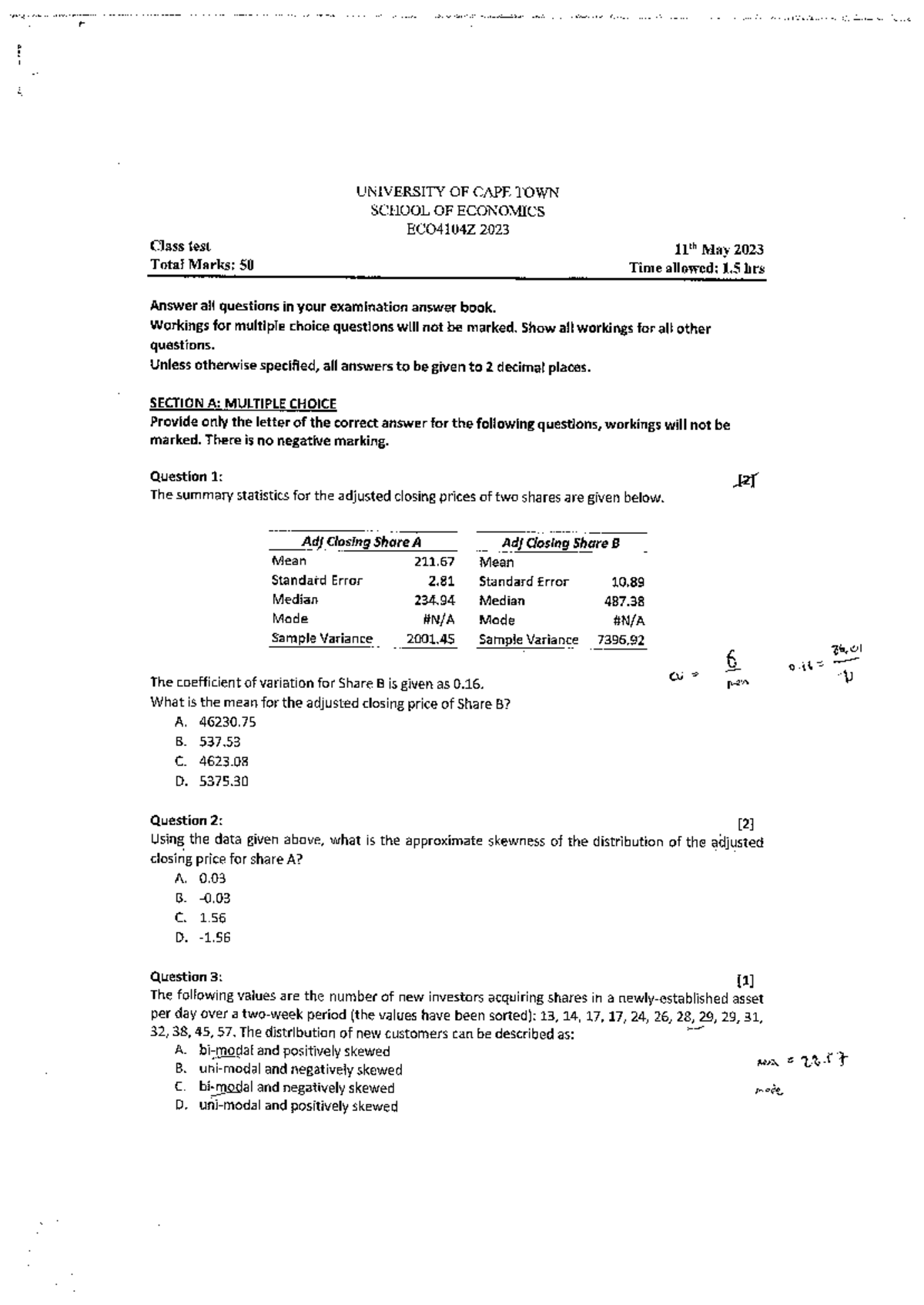 Econometrics Test - Class test Total Marks: 50 11th May 2023 Time ...