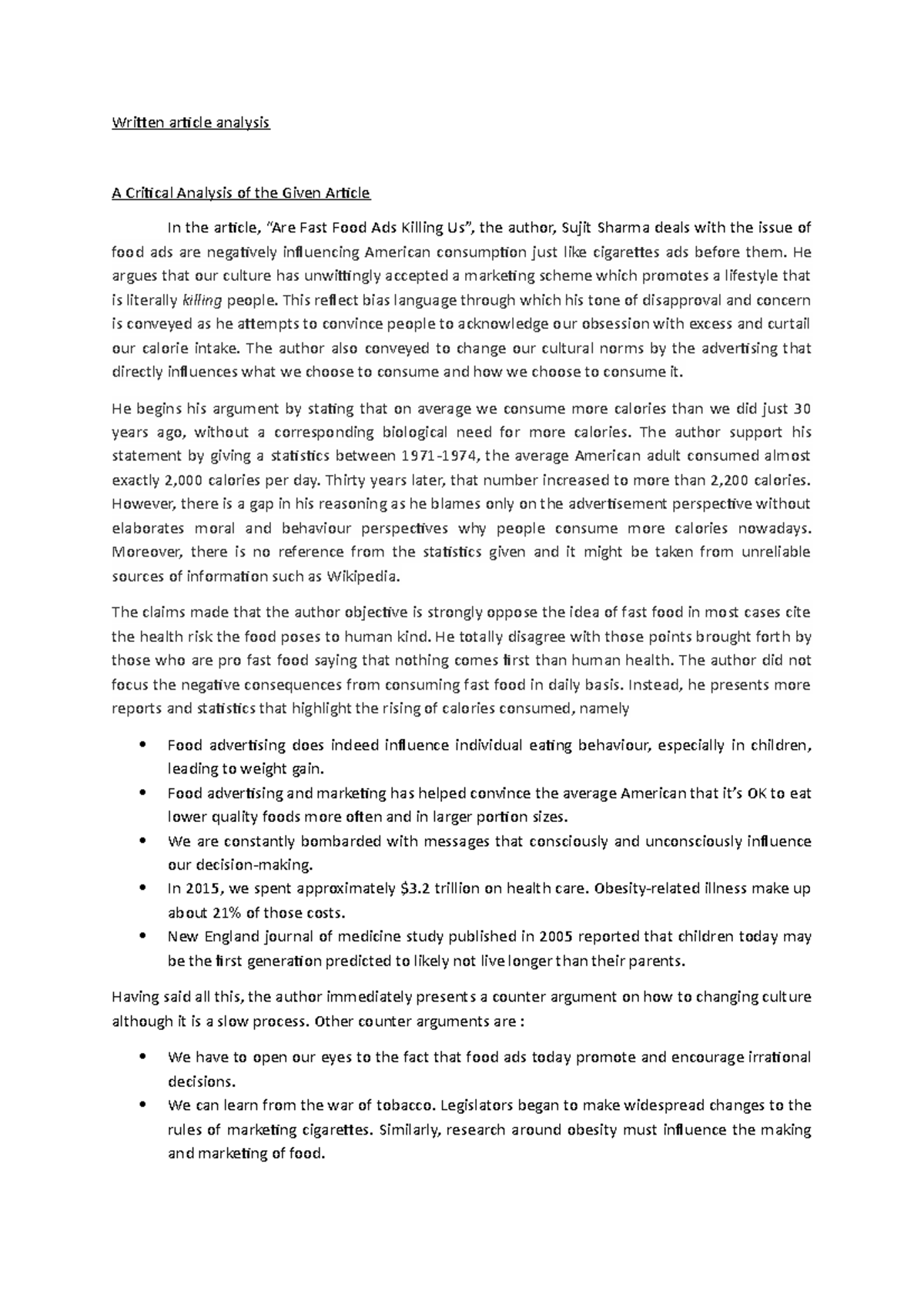 A Critical Analysis of the Given Article - Written article analysis A ...