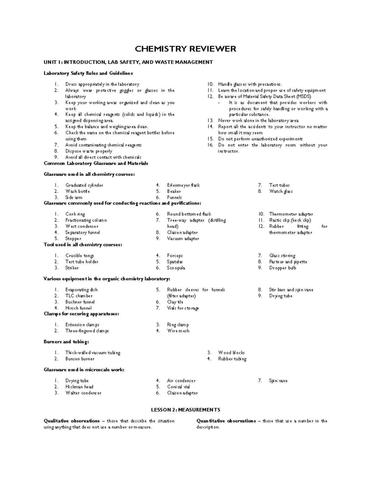 Chemistry Reviewer - CHEMISTRY REVIEWER UNIT 1: INTRODUCTION, LAB ...