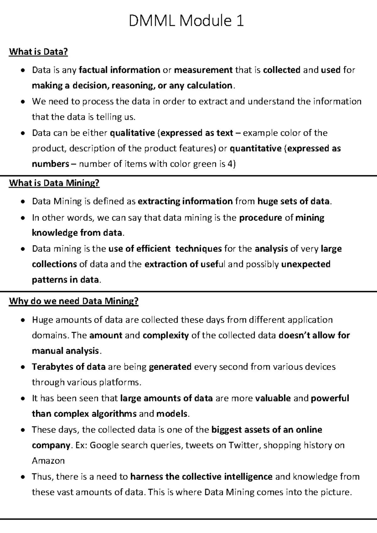 Module 1 DMLL Notes - DMML Module 1 What is Data? - Data is any factual ...