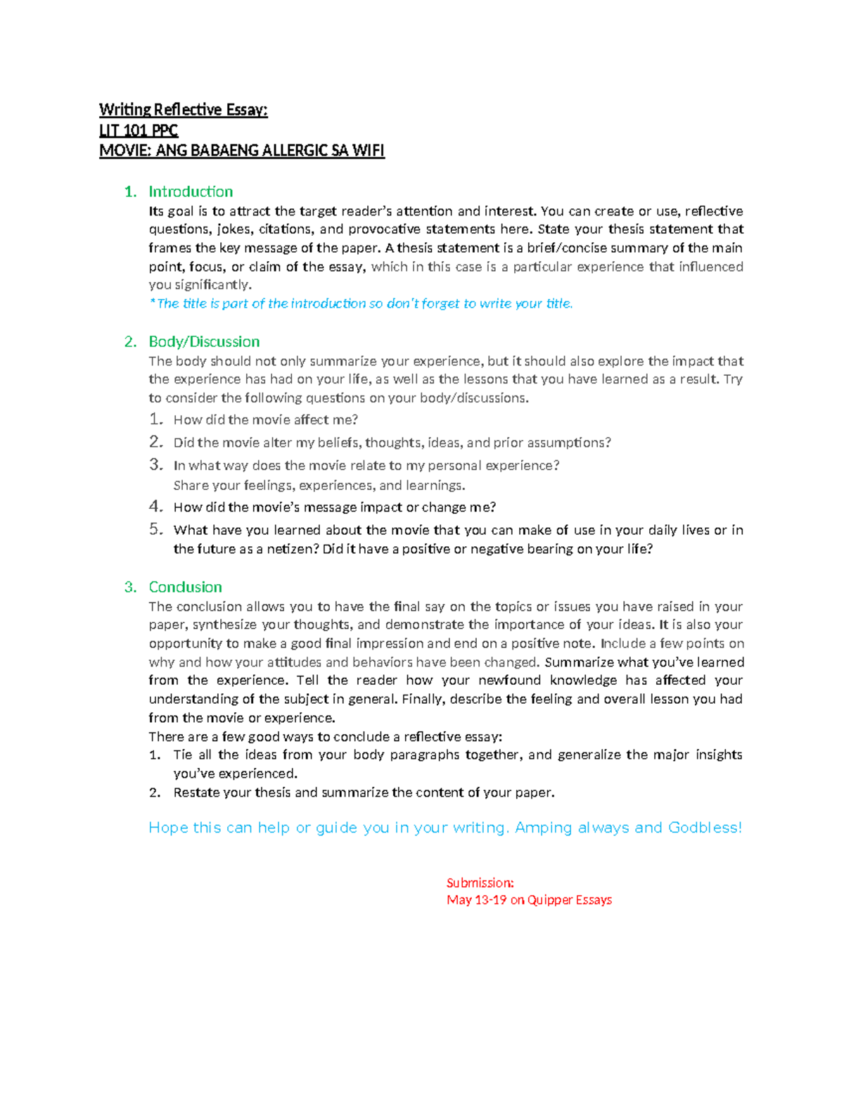 Writing-Reflective-Essay - Writing Reflective Essay: LIT 101 PPC MOVIE ...