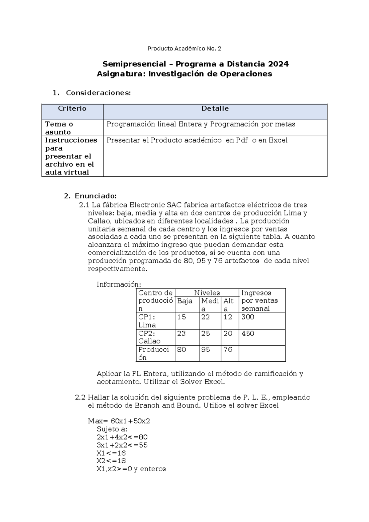 Producto Académico No 2 2024 IO - Producto Académico No. 2 Semipresencial – Programa a Distancia ...