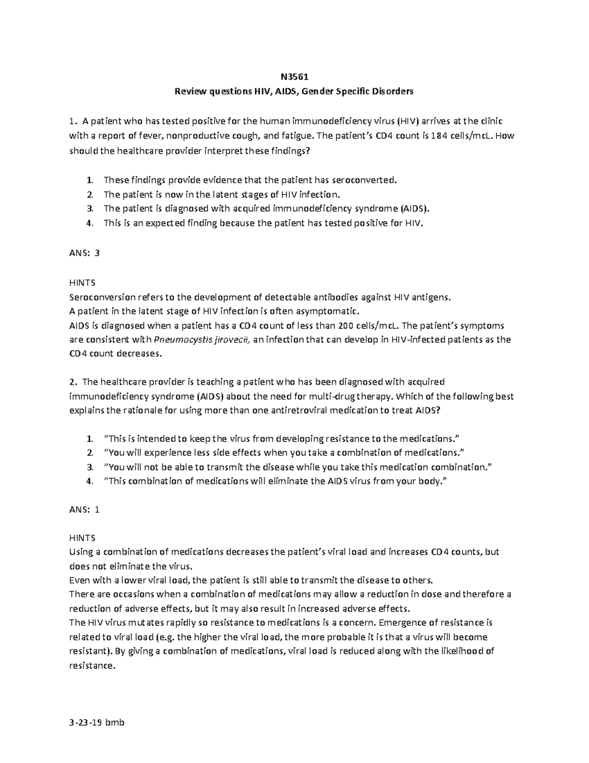 HIV AIDS gender review questions - N Review questions HIV, AIDS, Gender ...