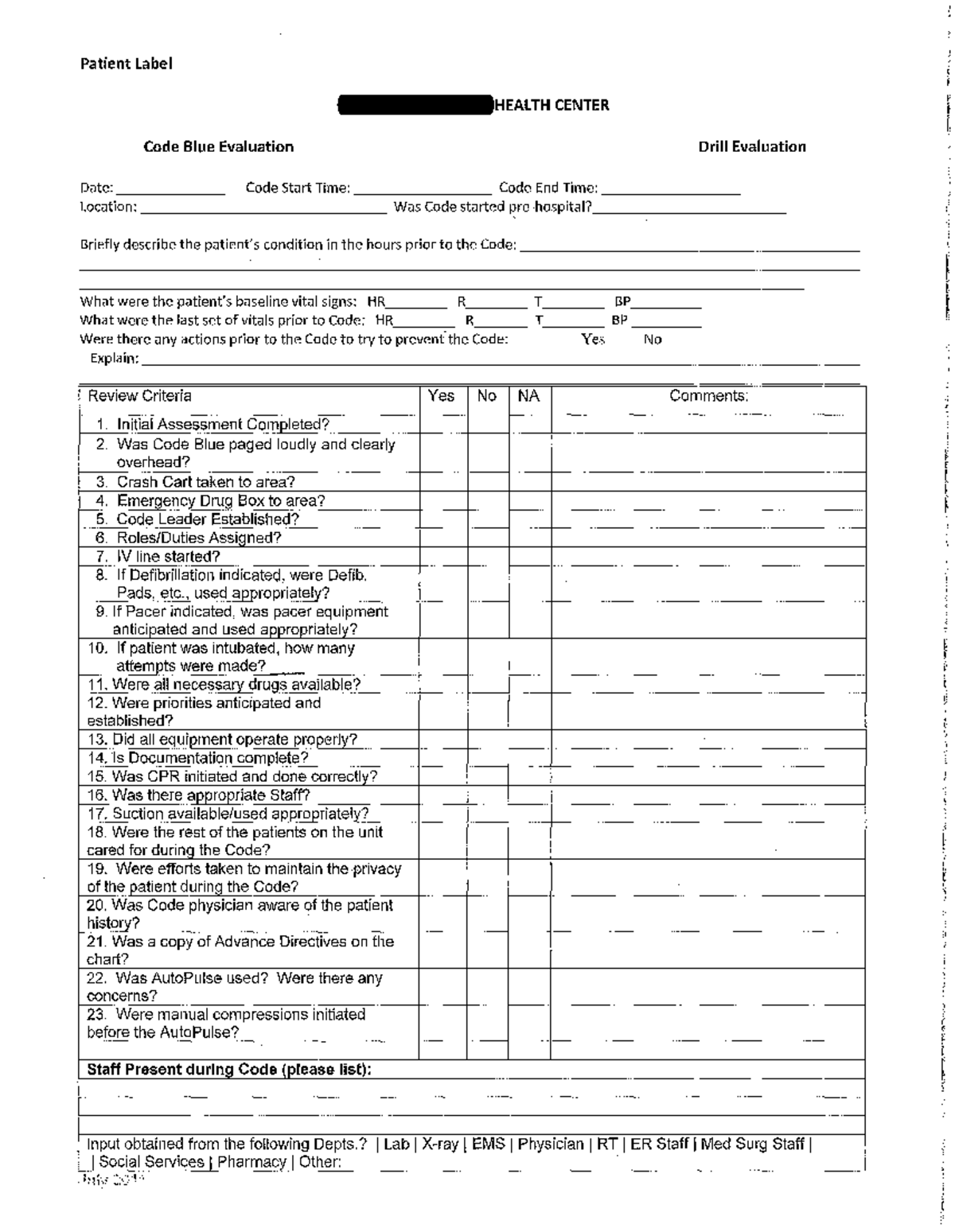 Code-debrief-checklist - Patient Label CLARINDA REGIONAL HEALTH CENTER ...