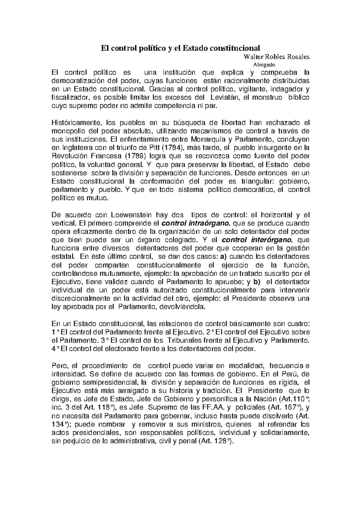 El Control Político y el Estado Constitucional - El control político y ...