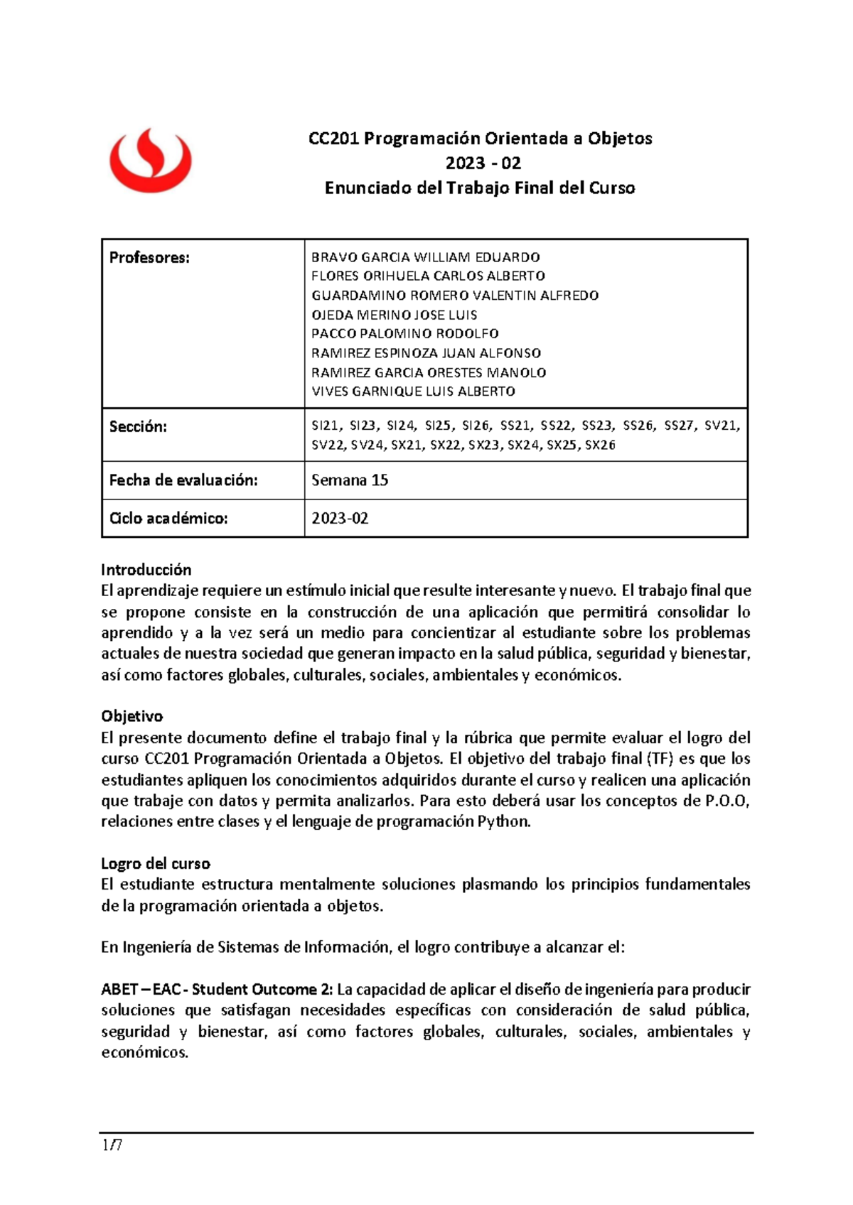 Enunciado del Trabajo Final POO 202302 - CC201 Programación Orientada a ...