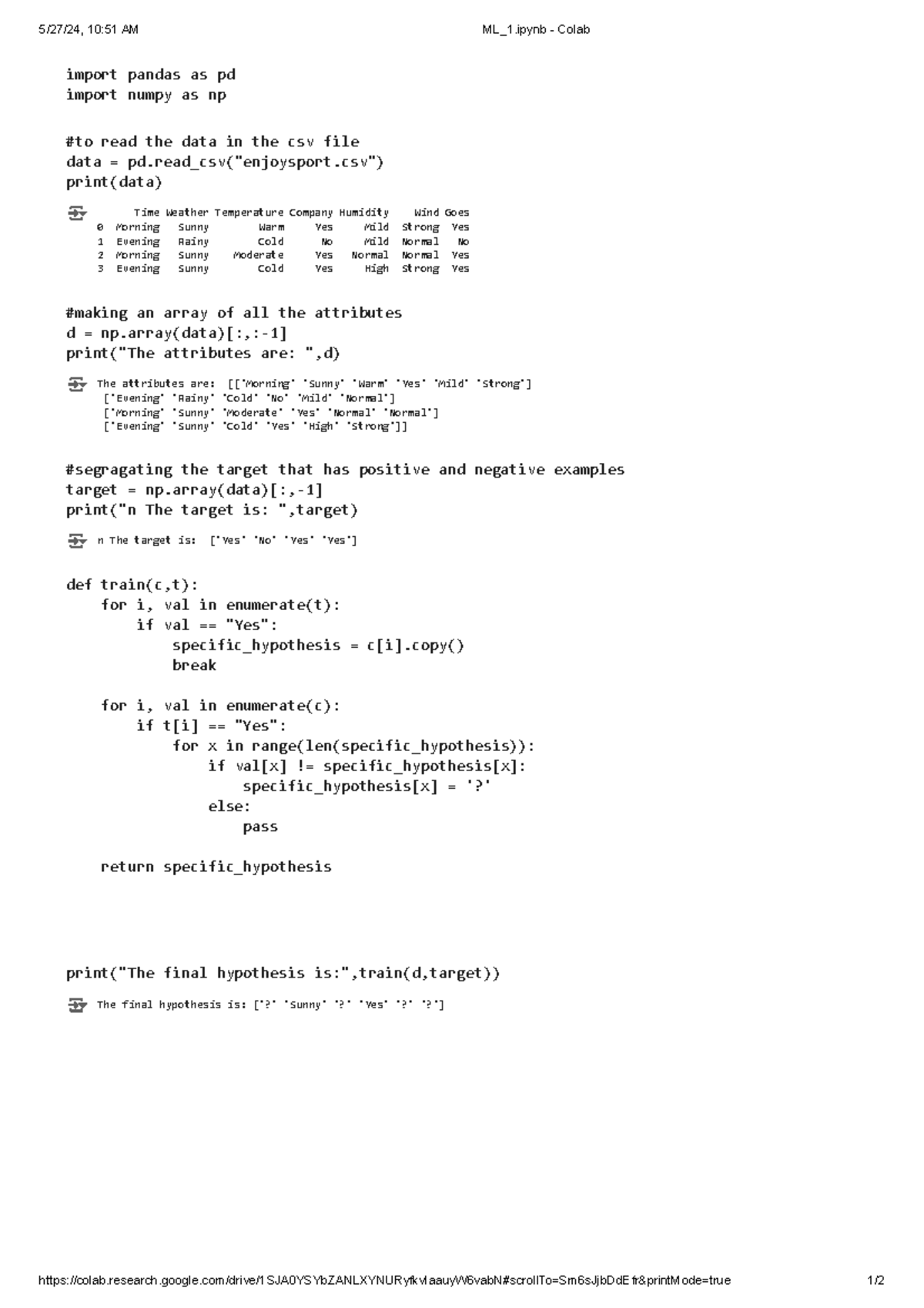 ML 1.ipynb - Colab - The given is practical performed related to the course of machine learning ...