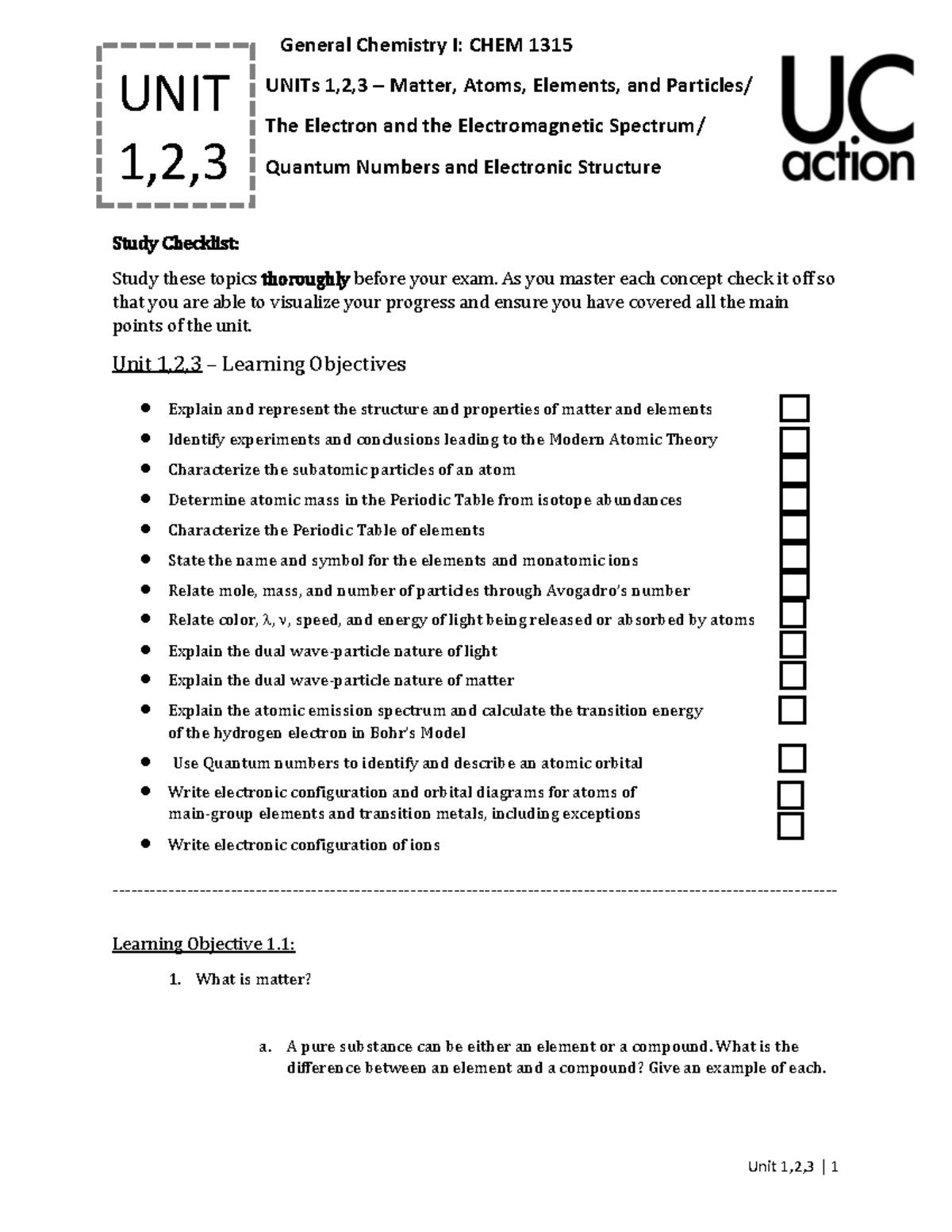 Action Center Unit 1 2 3 Worksheet-1 - CHEM 1315 - University of ...