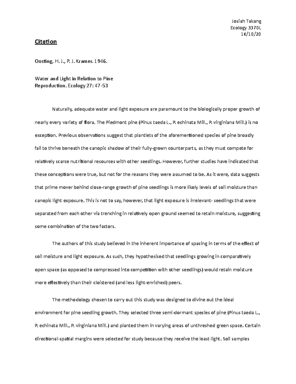 Ecology Summary - Ecology 3370LJosiah Takang 16/10/ Citation Oosting, H ...