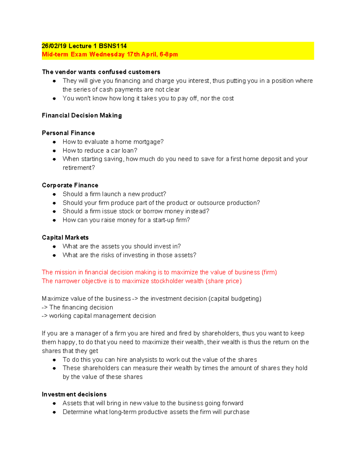 Bsns114 Lecture 1 - 26/02/19 Lecture 1 BSNS Mid-term Exam Wednesday ...