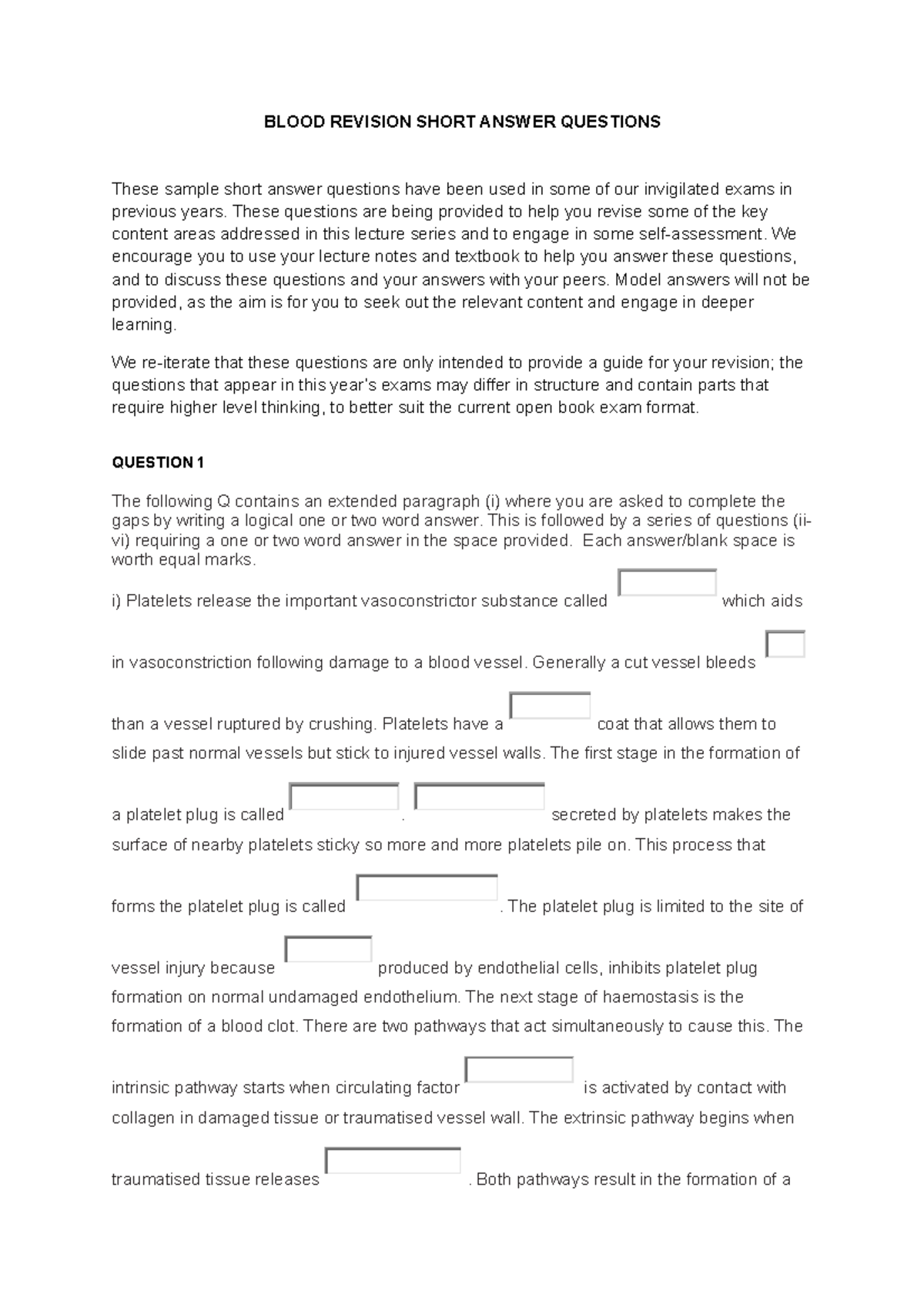 Blood SAQs - BLOOD REVISION SHORT ANSWER QUESTIONS These sample short ...