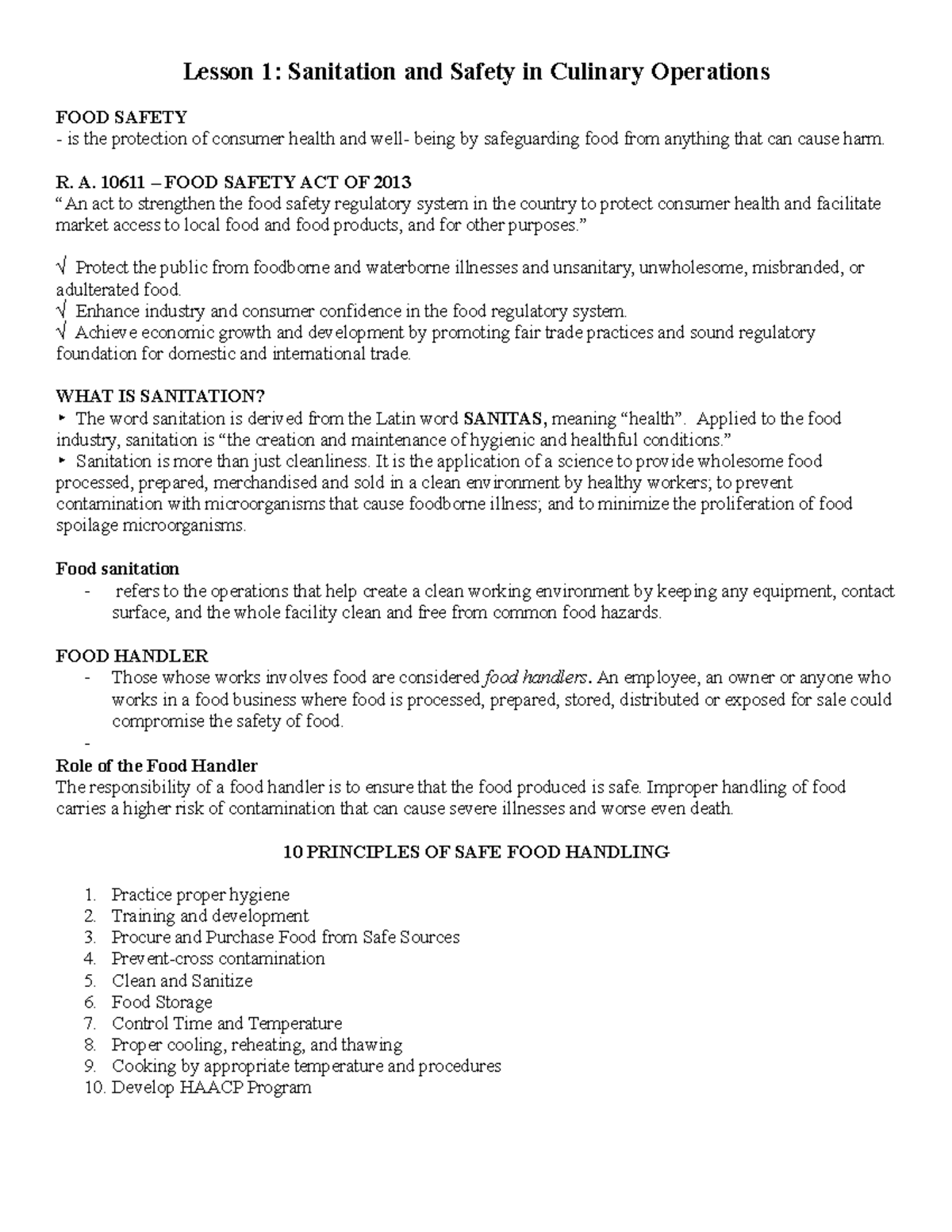 Lesson 1 - Food Safety - N/A - Lesson 1: Sanitation and Safety in ...