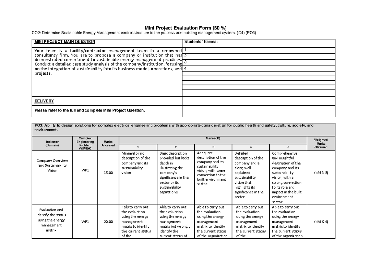 Mini Project WP EA Rubric Form - Mini Project Evaluation Form (50 % ...