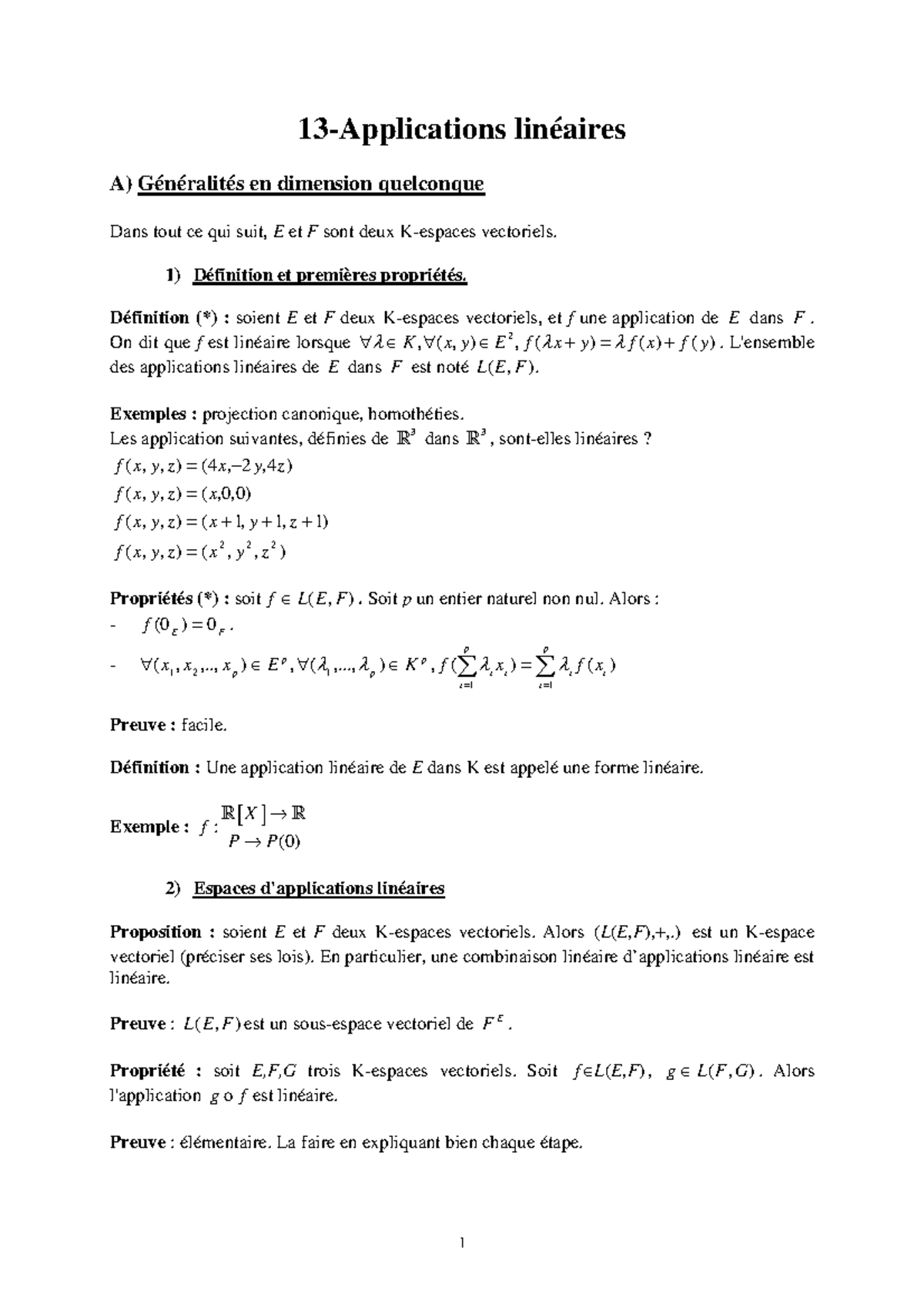 13-Applications linéaires - 13-Applications linéaires A) Généralités en ...