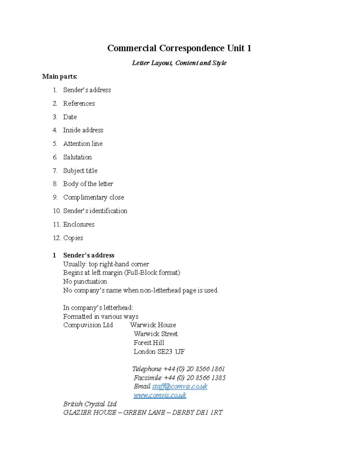 Chapter 1 - Letter Layout - Commercial Correspondence Unit 1 Letter ...