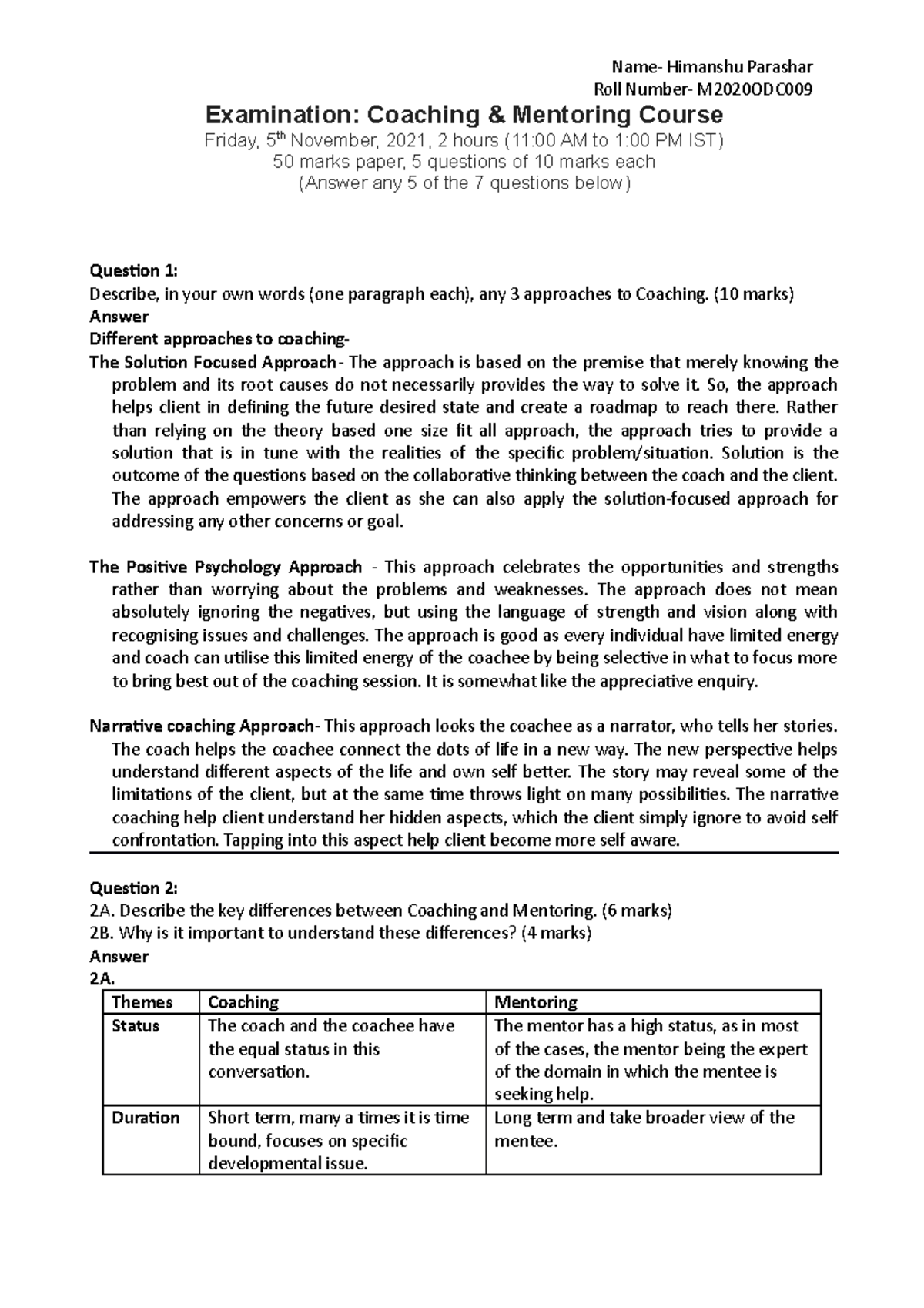 Coaching Mentoring Course, Question Paper, Nov. 5th 2021 - Roll Number ...
