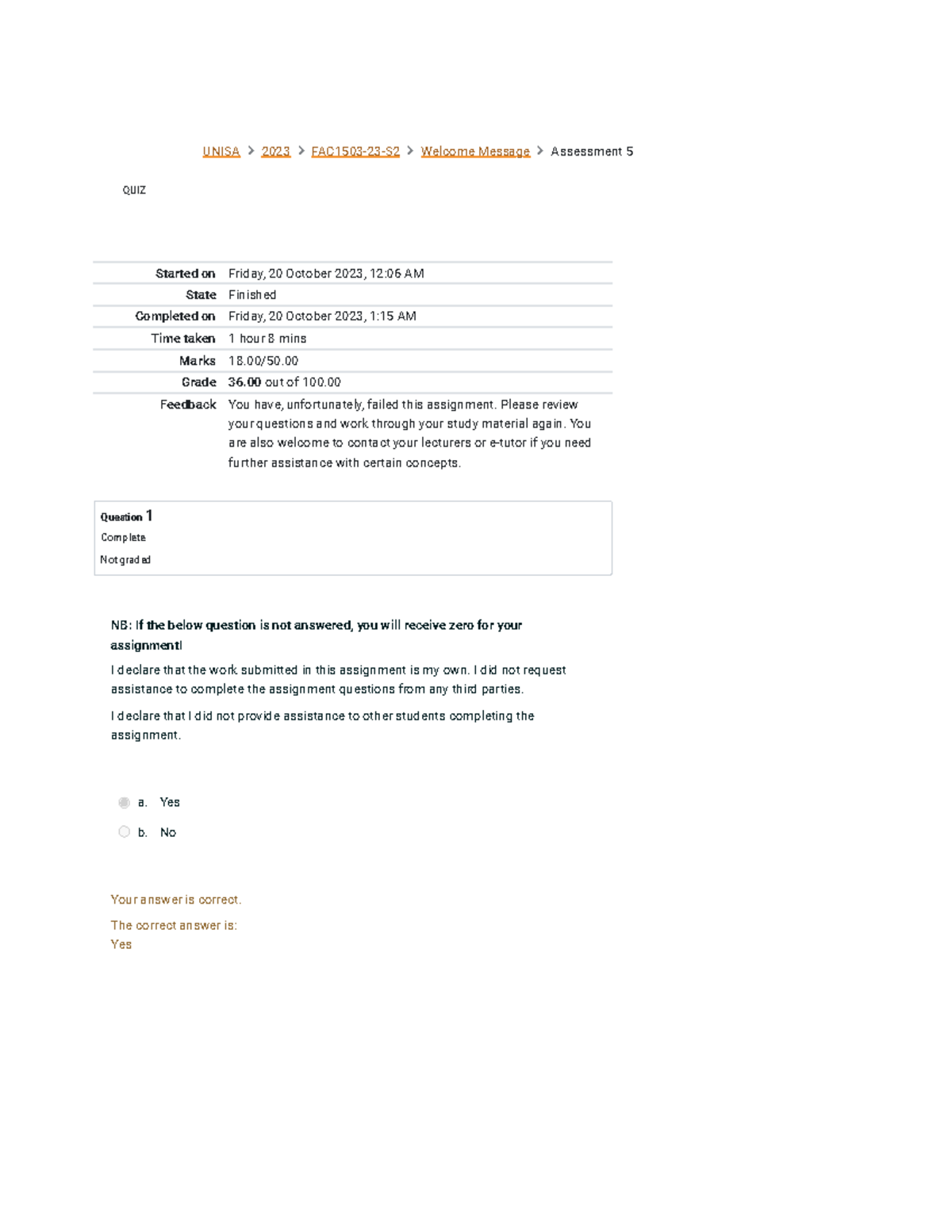 Assessment 5 Attempt review - UNISA 2023 FAC1503-23-S2 Welcome Message Assessment 5 Started ...