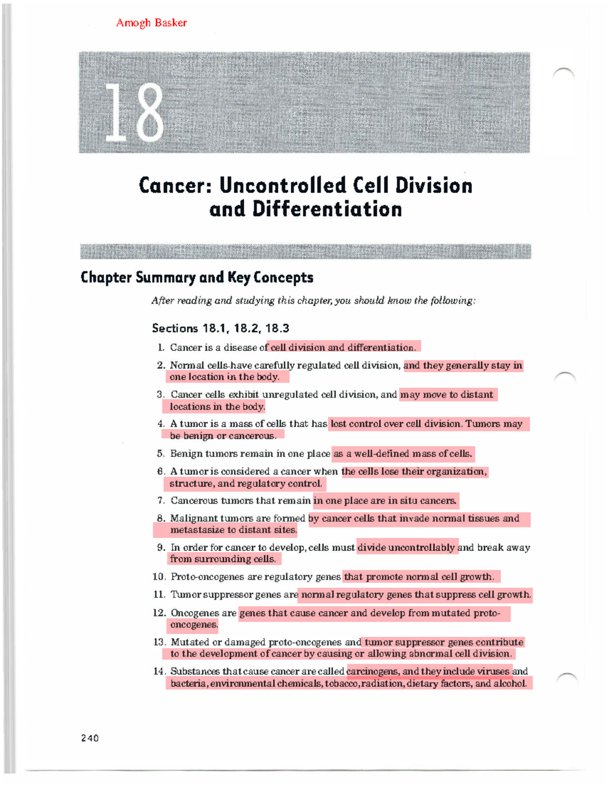 Worksheet CH 18 Cancer - Uncontrolled Cell Division and Differentiation ...