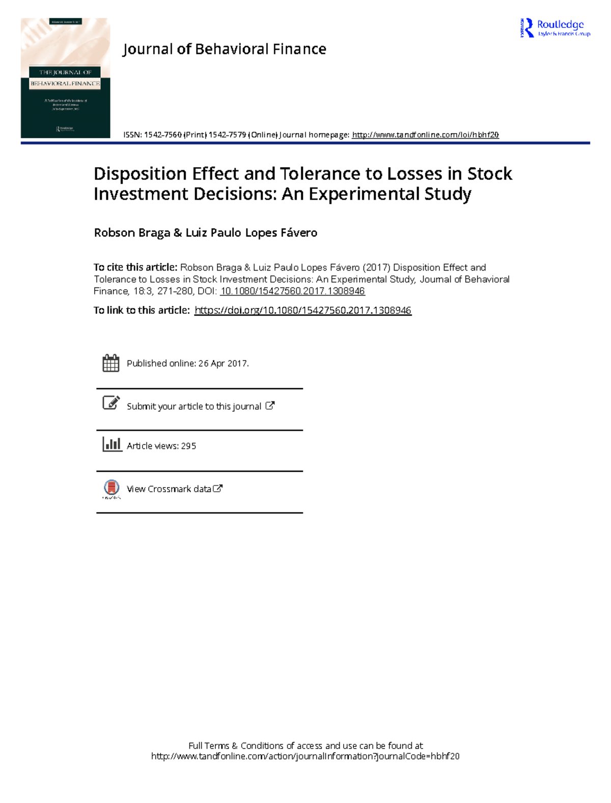Disposition Effect and Tolerance to Losses in Stock Investment ...