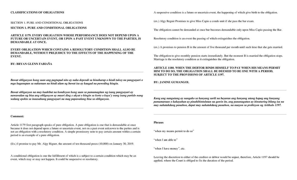 Classifications-OF- Obligations - CLASSIFICATIONS OF OBLIGATIONS ...