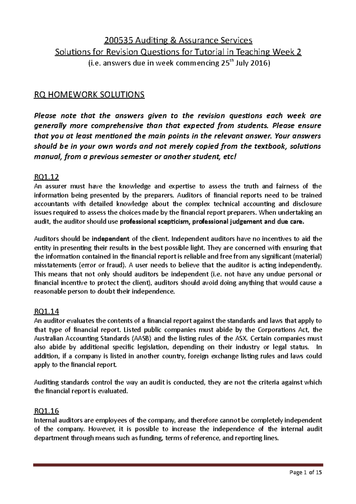 Auditing Homework Solutions - 200535 Auditing & Assurance Services ...