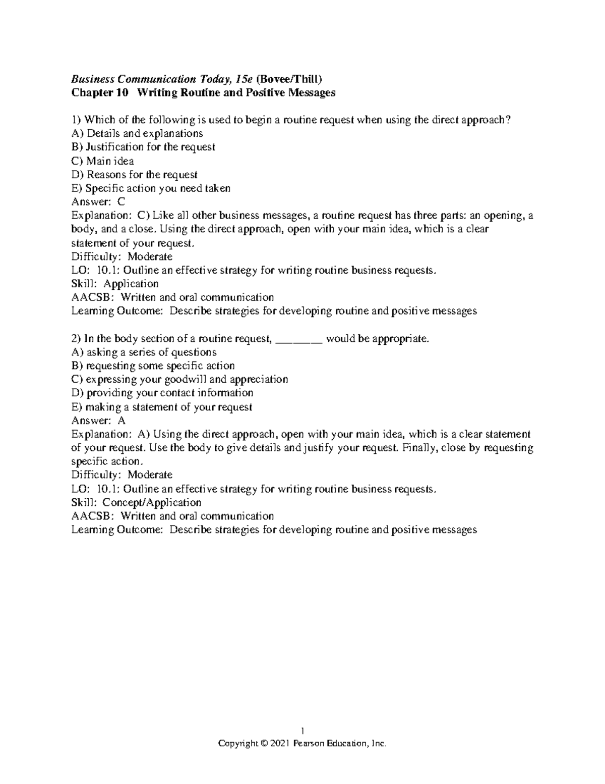 Positive Message - questions and answers - 1 Business Communication Today, 15e (Bovee/Thill ...