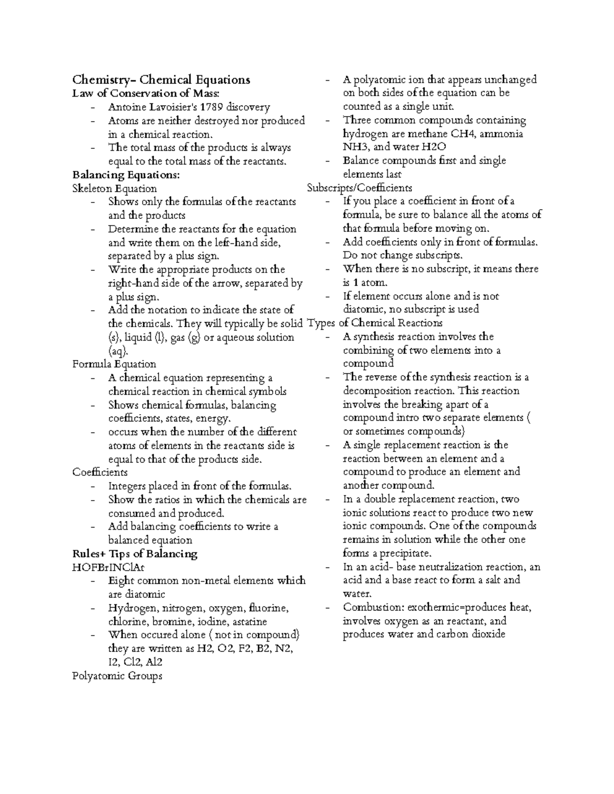 Science Cheat Sheet 2 - Lecture notes 4 - Chemistry- Chemical Equations ...
