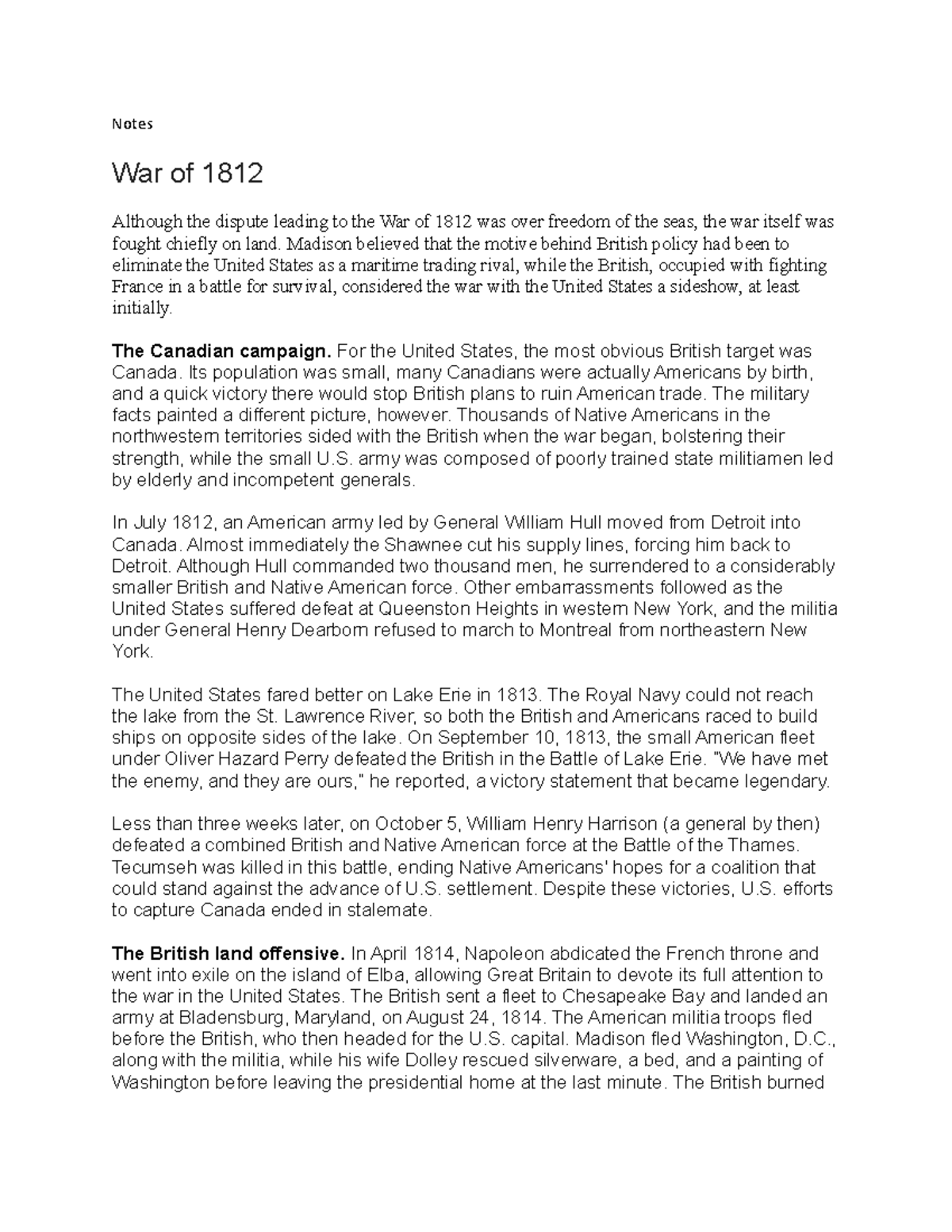 Document 122 - history - Notes War of 1812 Although the dispute leading ...