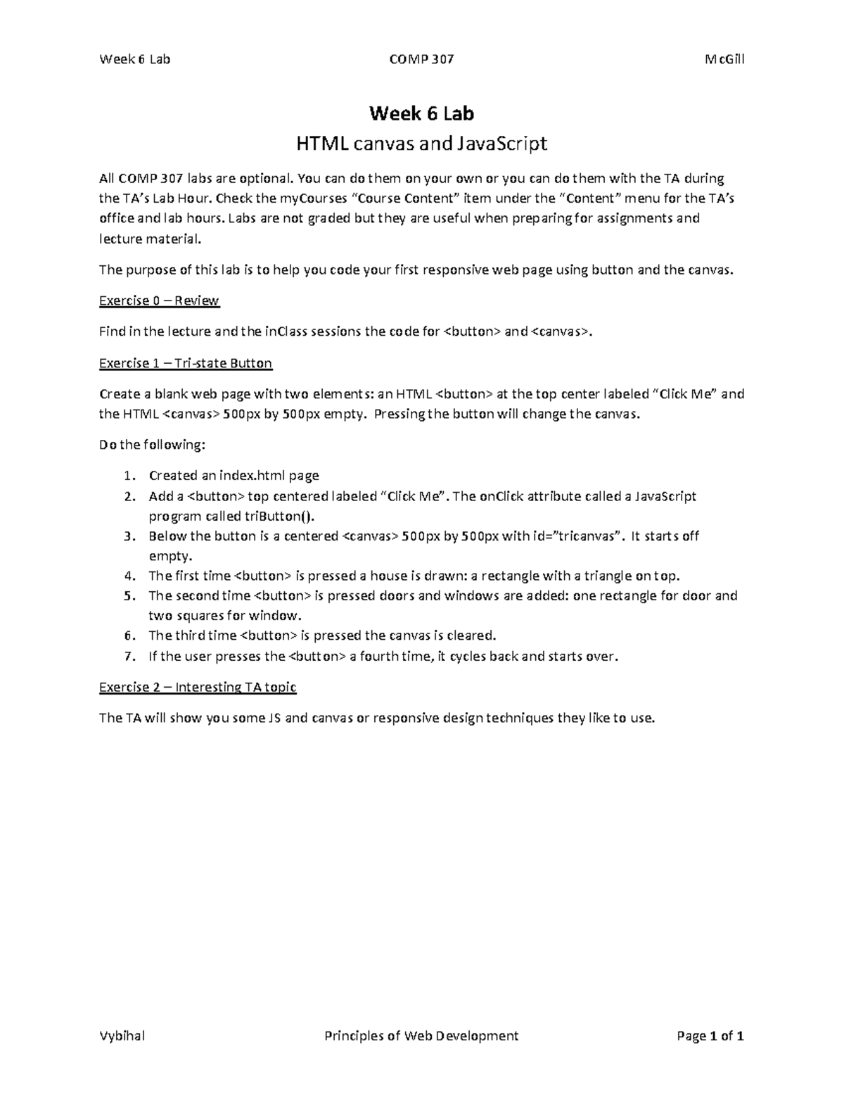 Week 6 Lab - canvas and JS - Week 6 Lab COMP 307 McGill Vybihal Principles of Web Development ...