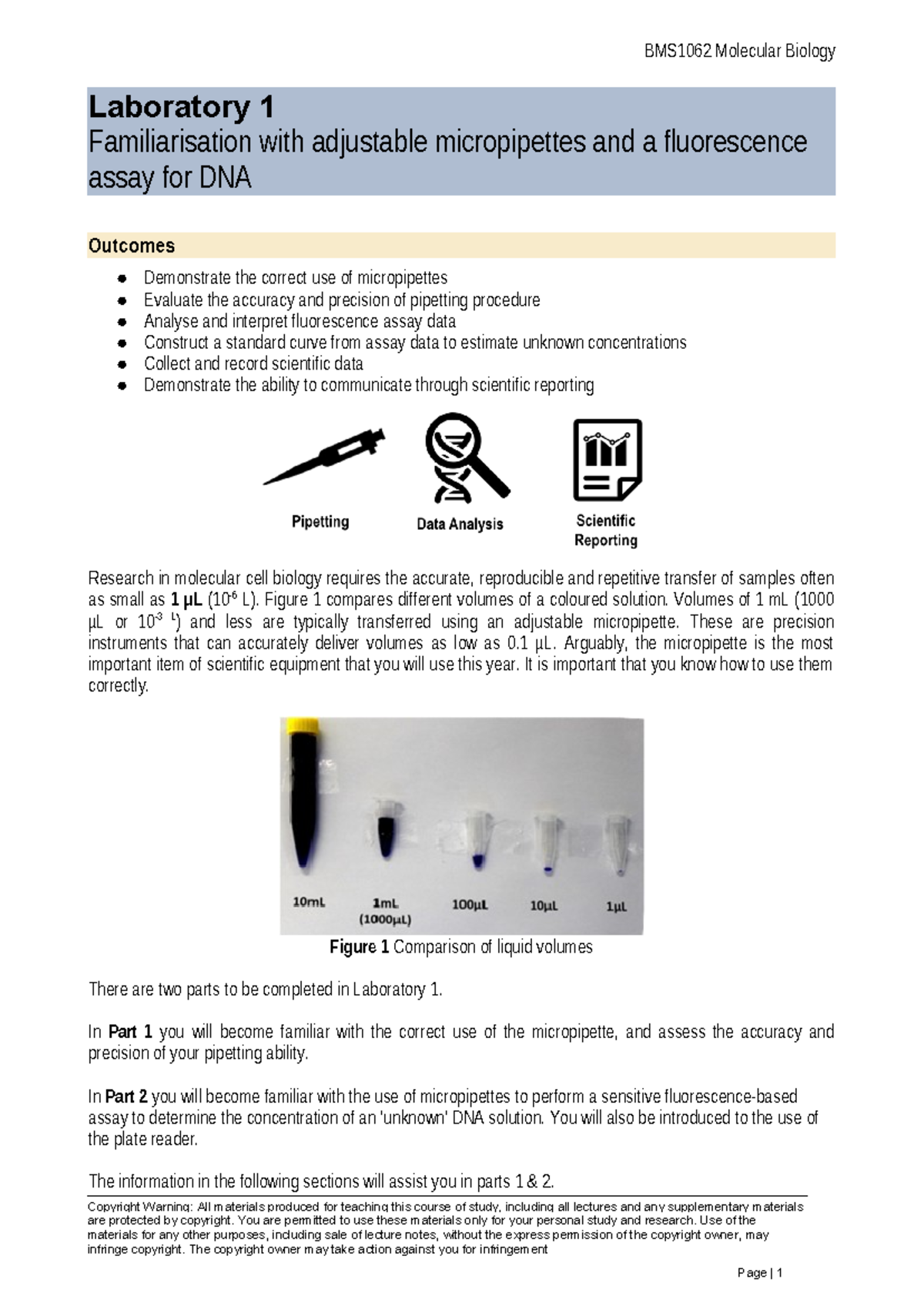 Laboratory 1 Protocol BMS1062 2023 - Laboratory 1 Familiarisation with ...