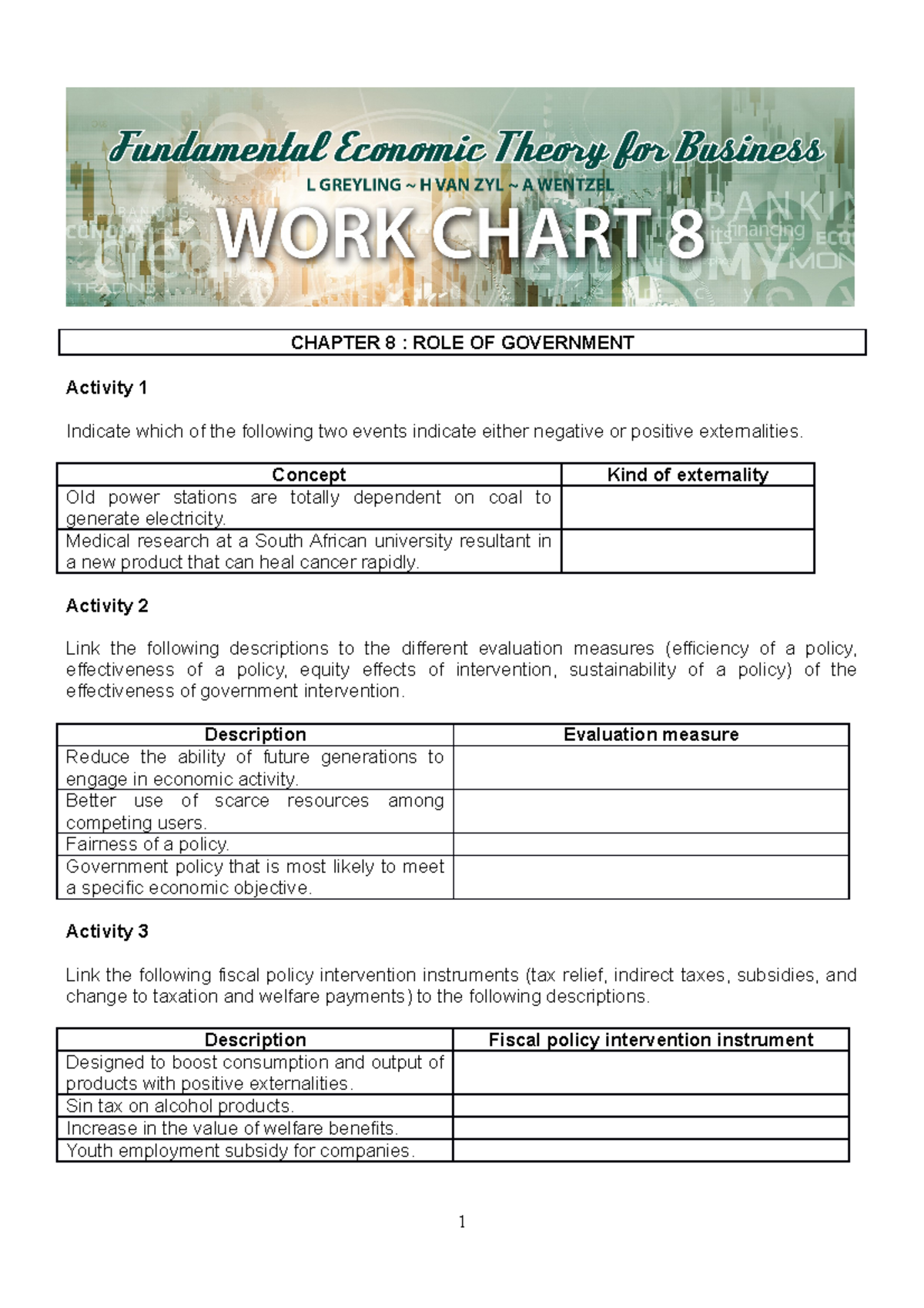 Work Chart 8 - Eco - CHAPTER 8 : ROLE OF GOVERNMENT Activity 1 Indicate ...