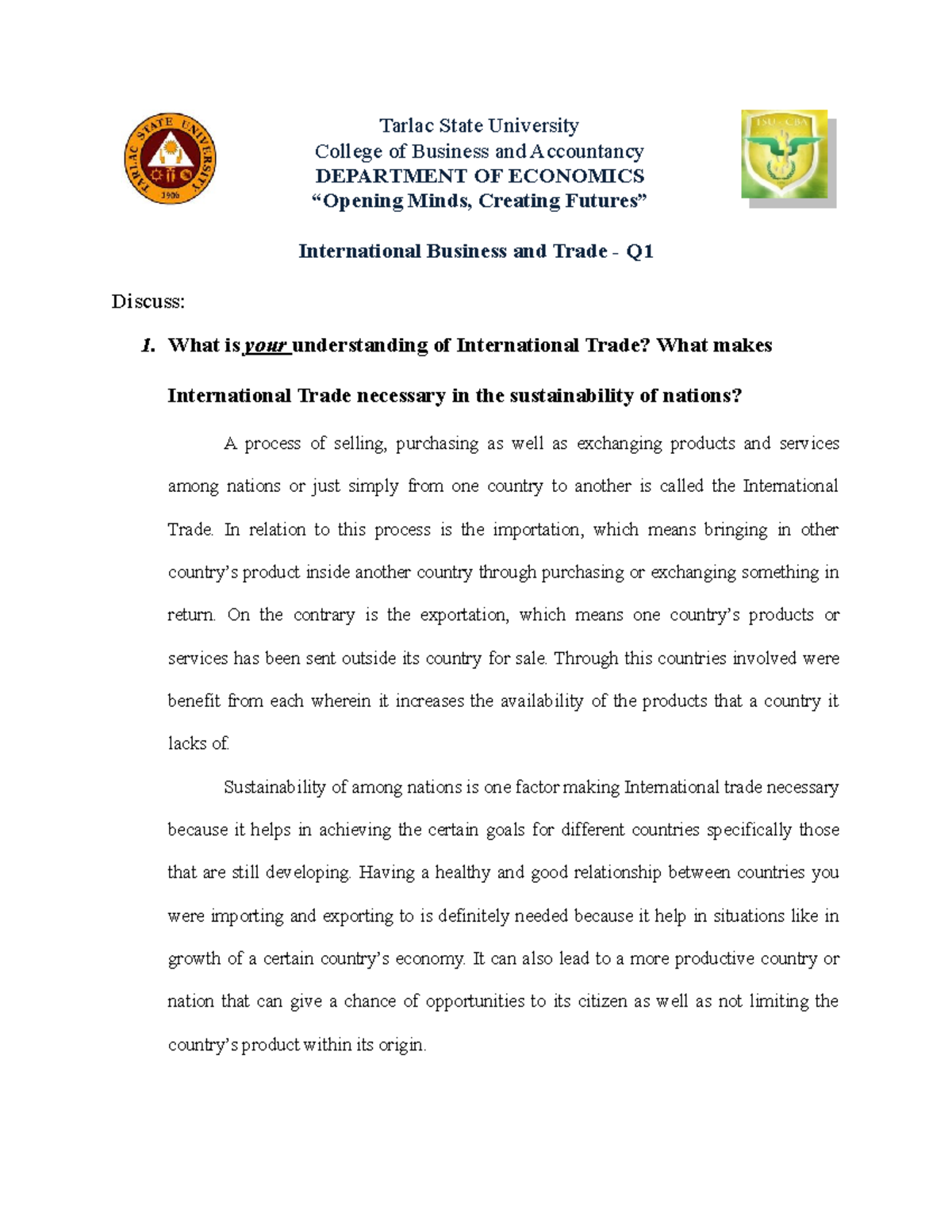 International Business & Trade - Quiz 1 - Tarlac State University ...