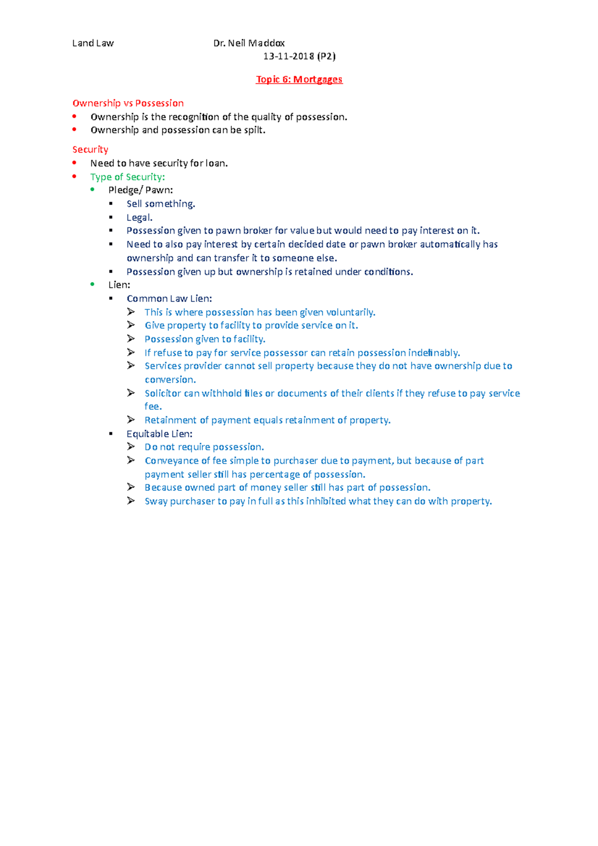 Lecture 14- 13-11-2018 (P2) - Land Law Dr. Neil Maddox 13-11-2018 (P2 ...