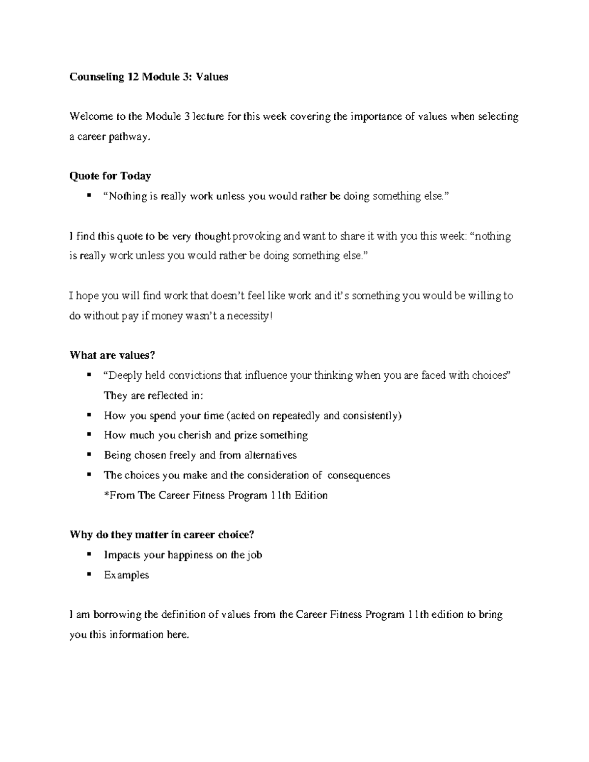 Couns 12 Module 3 - Values - Counseling 12 Module 3: Values Welcome to ...