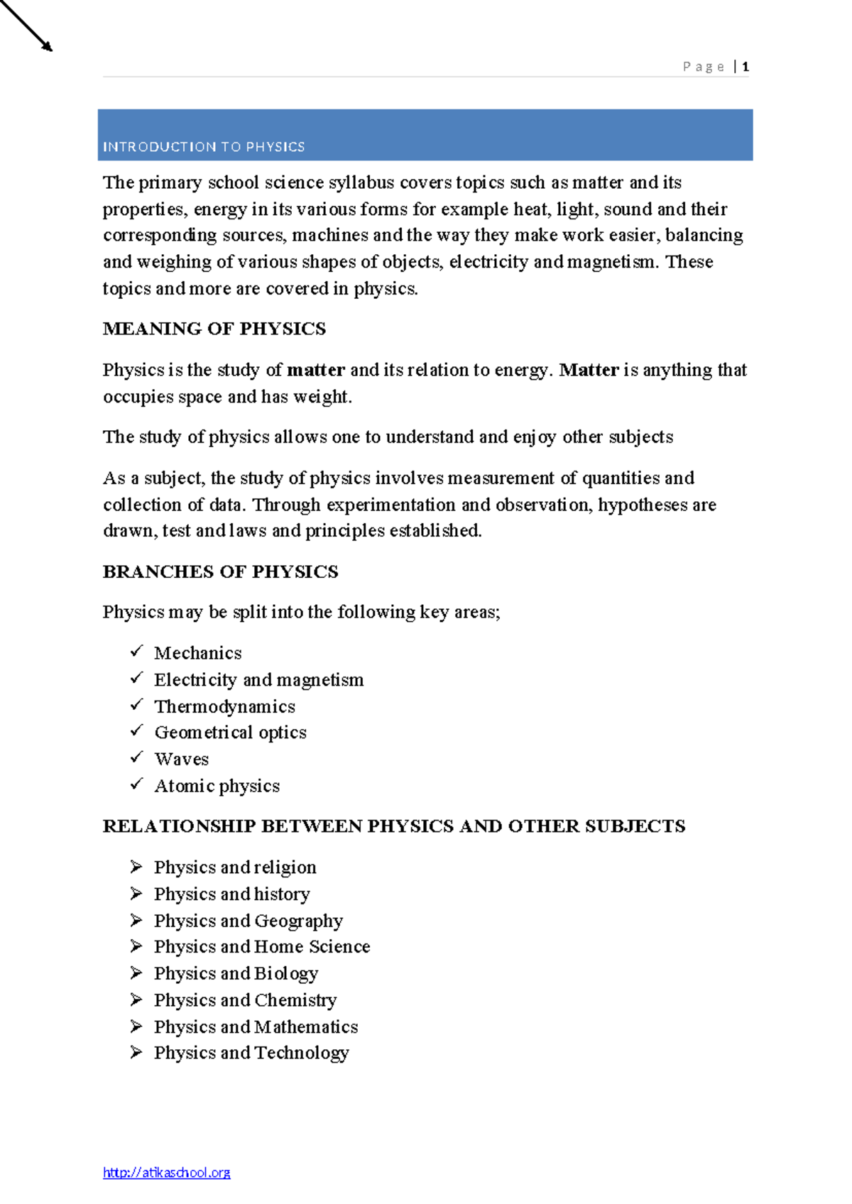 Physics form 1 notes - INTRODUCTION TO PHYSICS The primary school ...