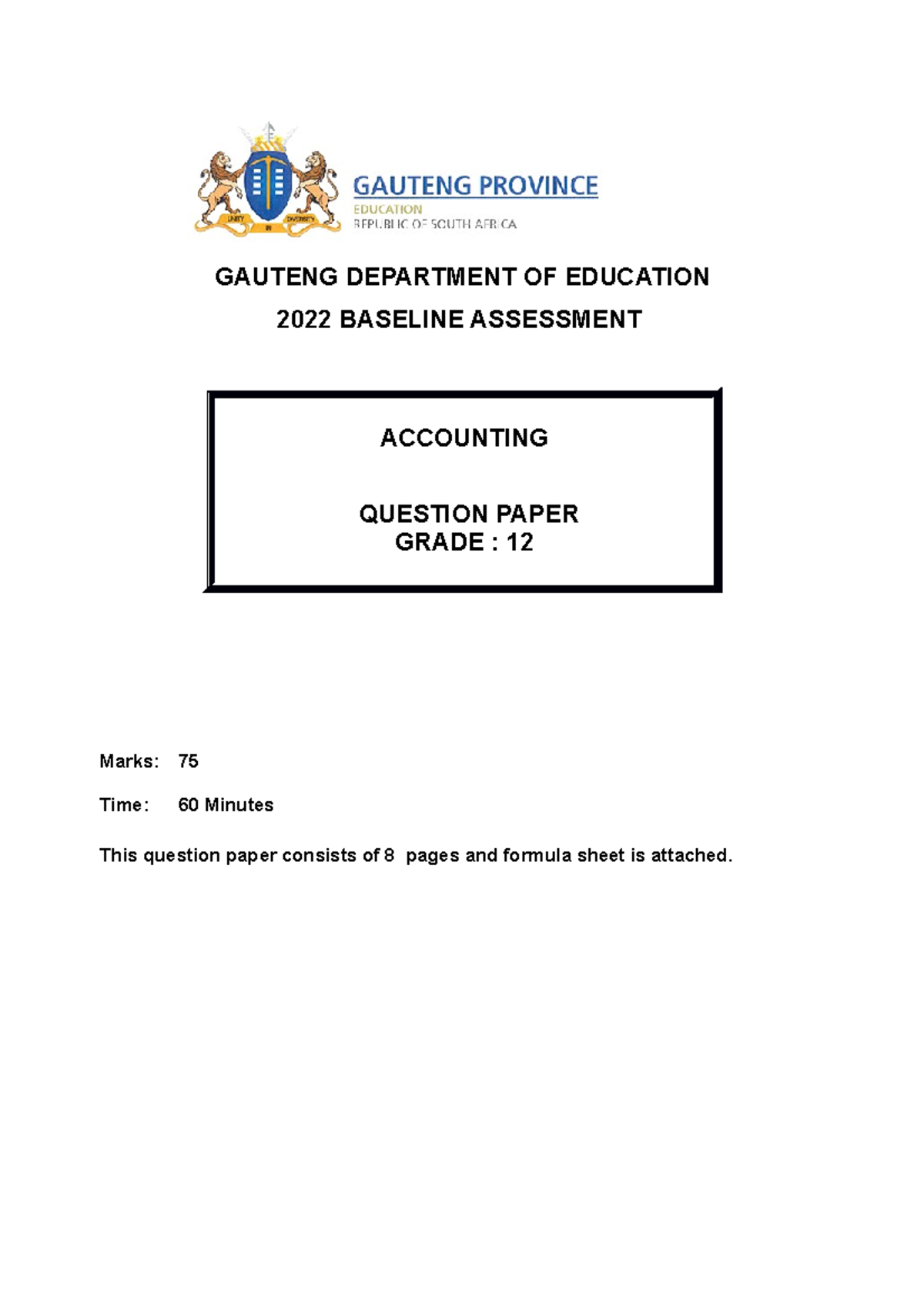Accounting Grade 12 Baseline Assessment -QP - GAUTENG DEPARTMENT OF ...