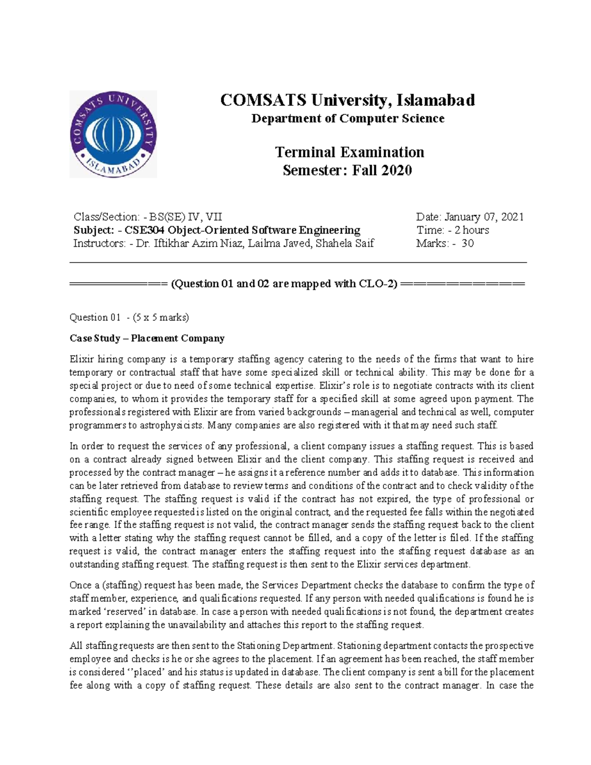 Exam 7 December Winter 2020, questions - COMSATS University, Islamabad ...