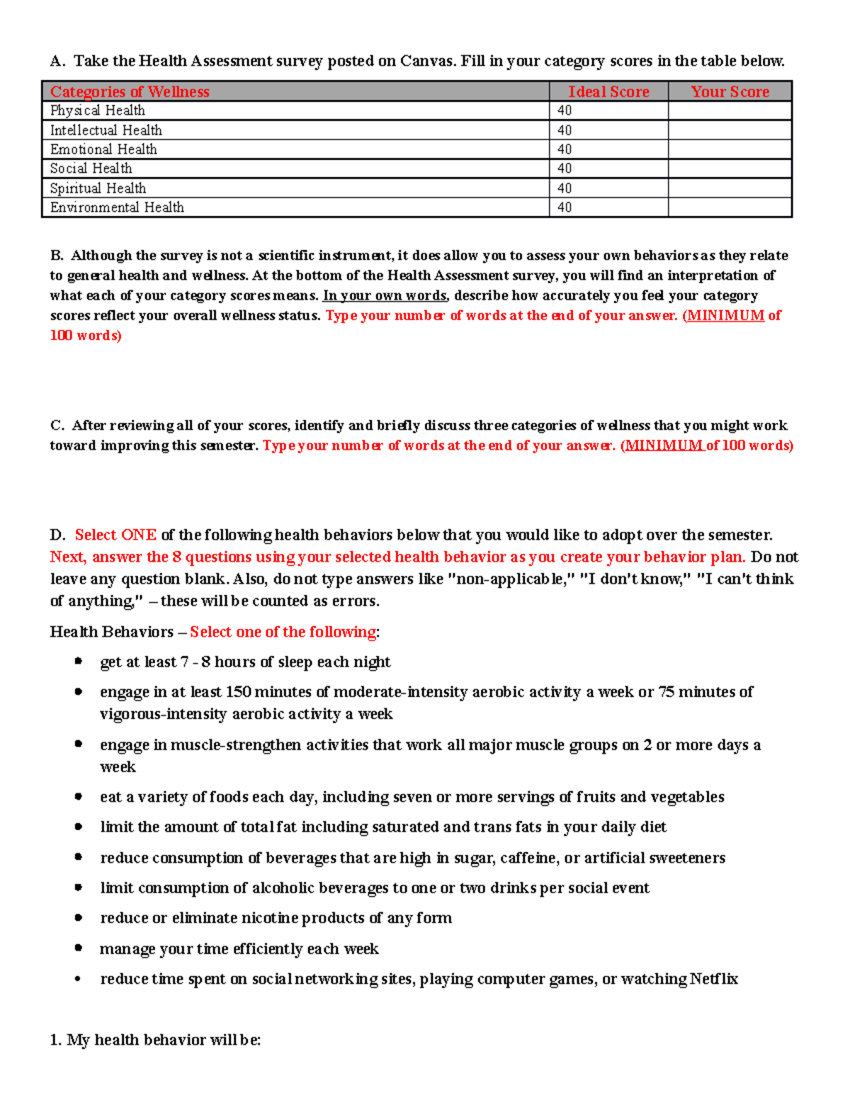 The Pre-Health Assessment and Behavior Change Assignment-2 - A. Take ...