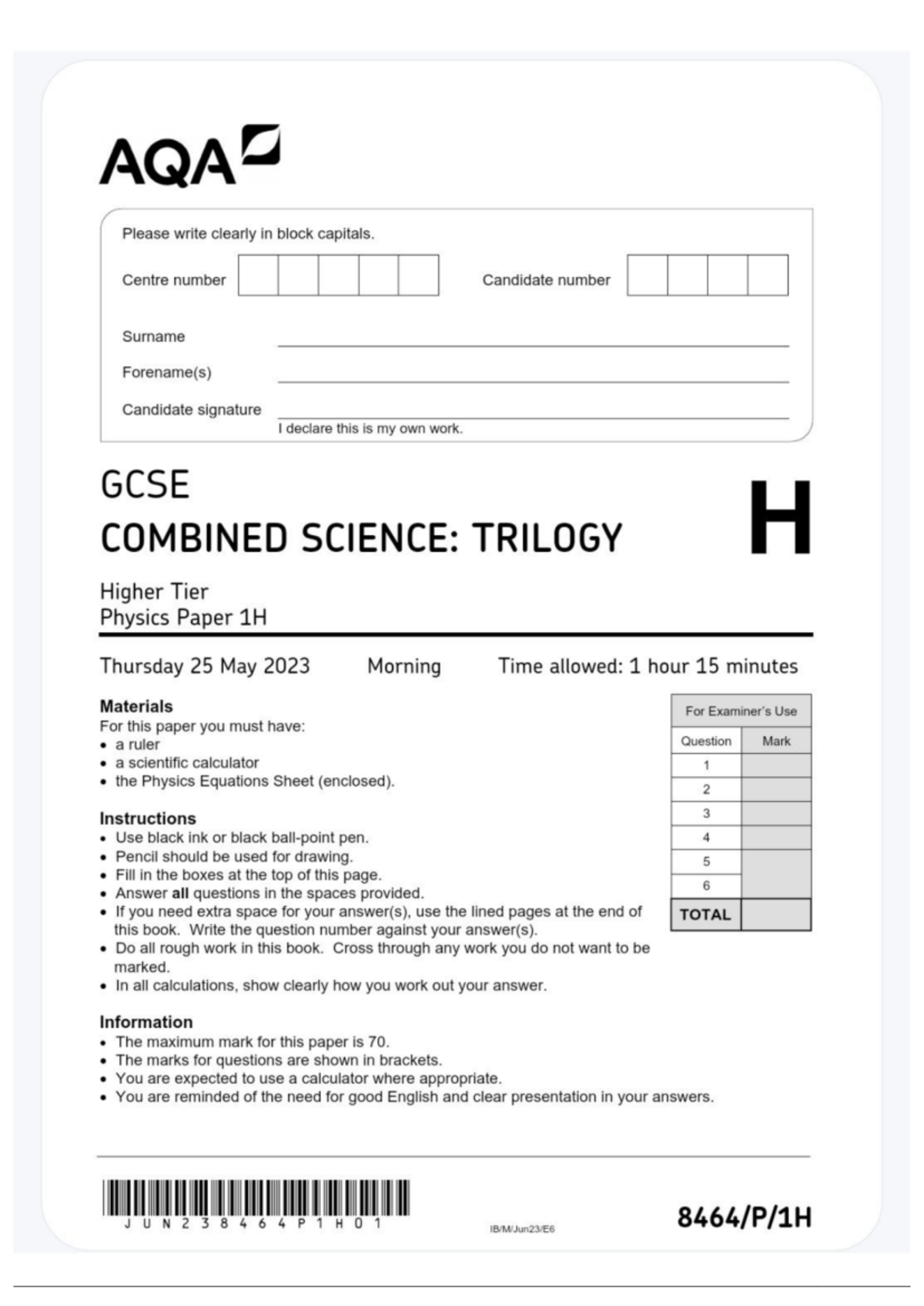 2023 GCSE Physics higher paper 1 - AQA Please write clearly in block ...