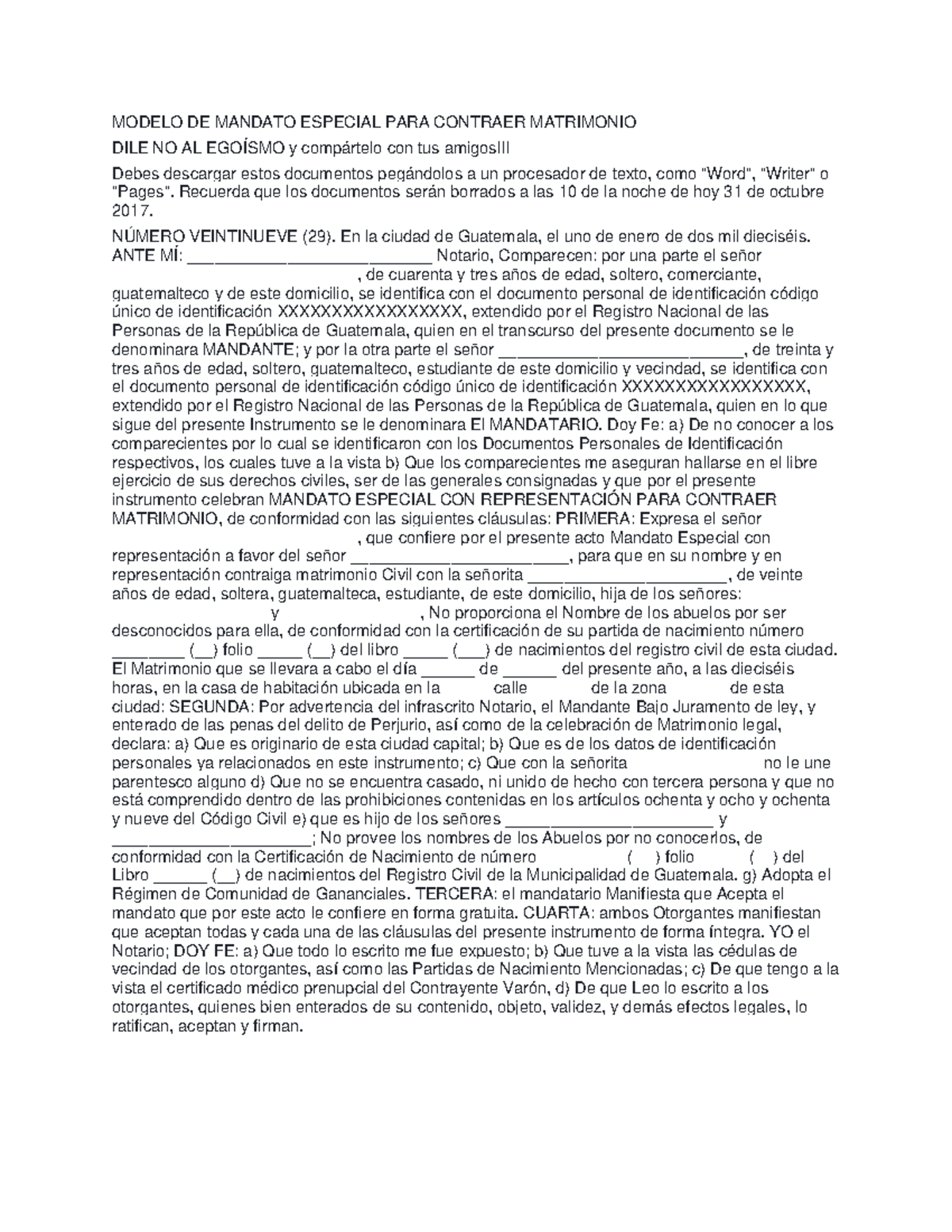 Modelo DE Mandato Especial PARA Contraer Matrimonio - MODELO DE MANDATO ...
