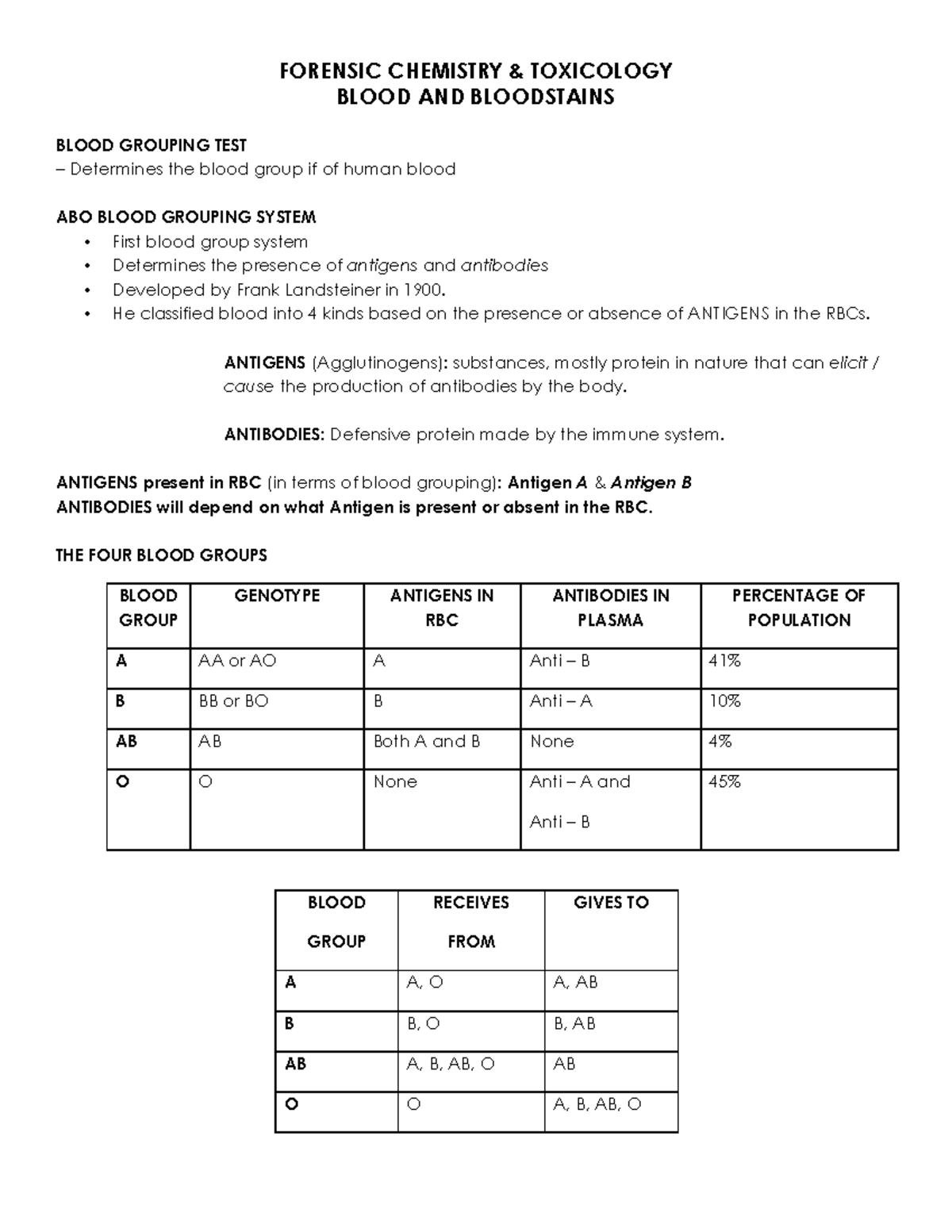 Blood+ Grouping+ System - FORENSIC CHEMISTRY & TOXICOLOGY BLOOD AND ...
