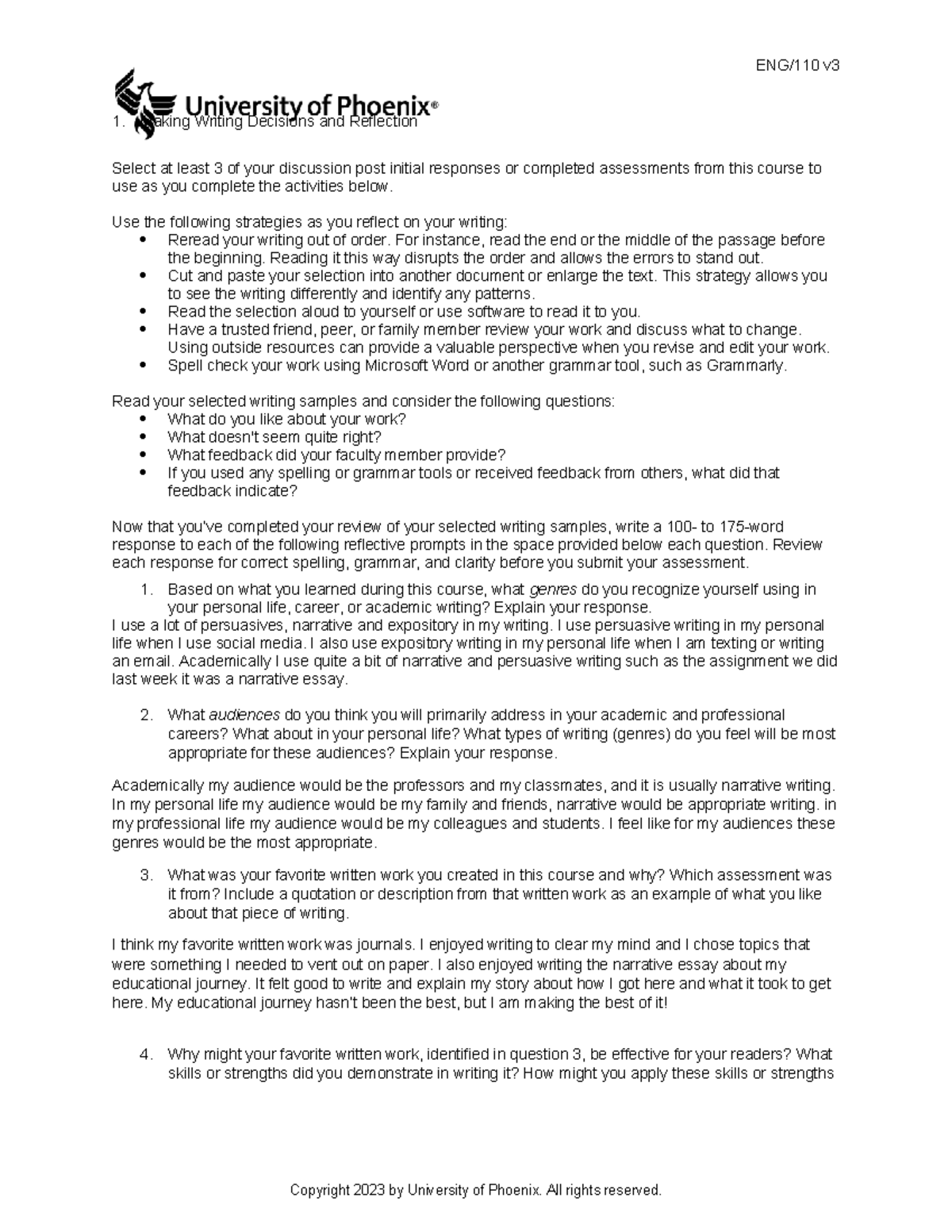 Making writing decisions and reflection - ENG/110 v 1. Making Writing ...