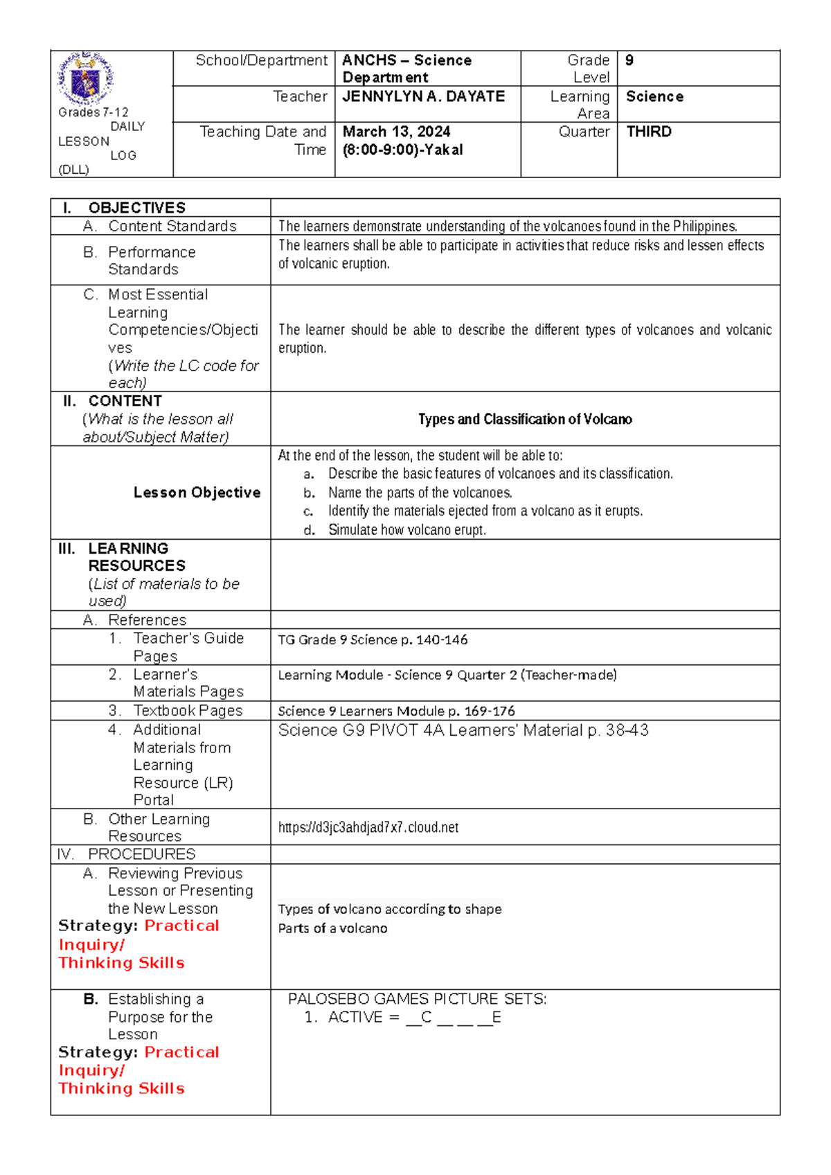 Q2 G9 Science DLL CO3 - detailed lesson plan - Grades 7- DAILY LESSON ...